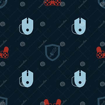 Set Game Controller or Joystick, Sword for Game and Computer Mouse on Seamless Pattern. Vector ...