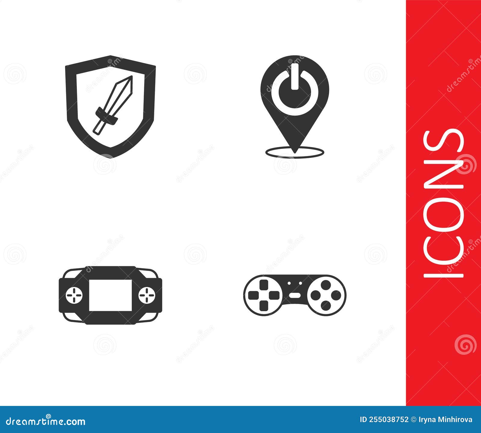 Set Game Controller or Joystick, Sword for Game, Portable Video Console and Power Button Icon ...