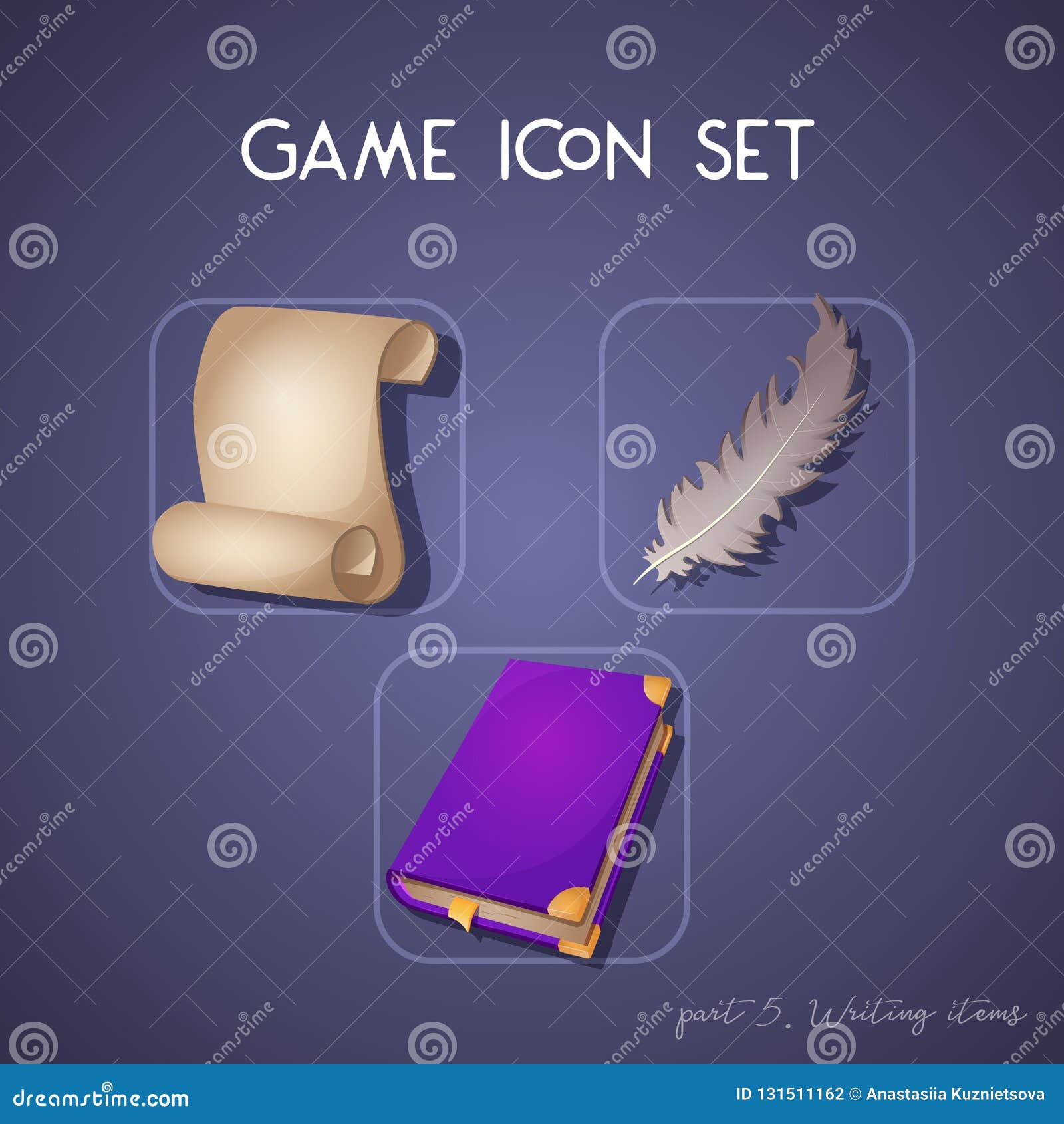 Set of Game Icon in Cartoon Style. Writing Items: Scroll, Book and ...