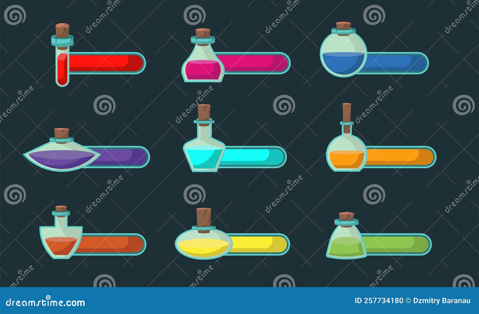 Set Game Icons of Bottles with Poison or Elixir and Status Indicator ...