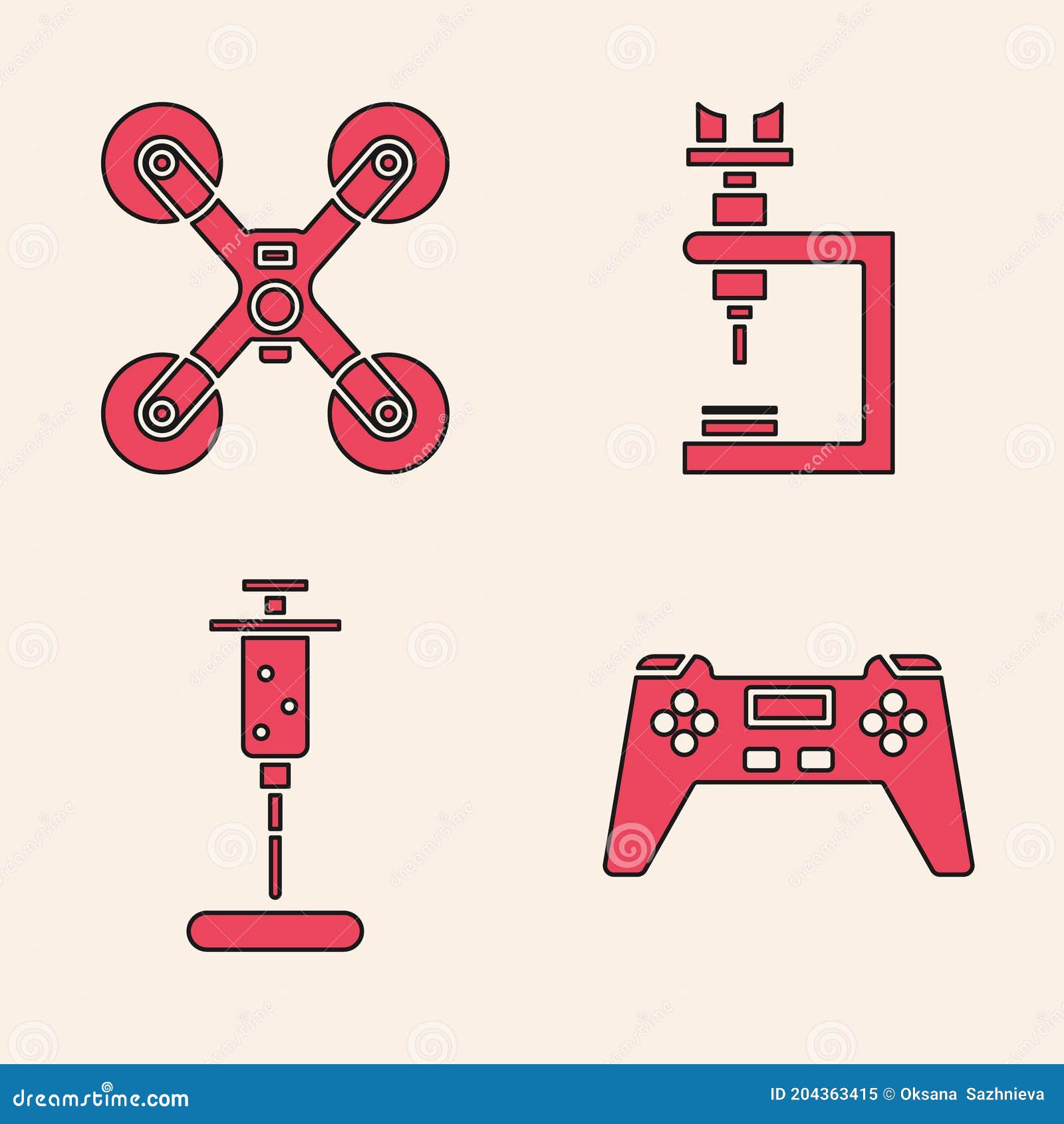 Set Gamepad, Drone Flying, Microscope and Syringe Icon. Vector Stock ...