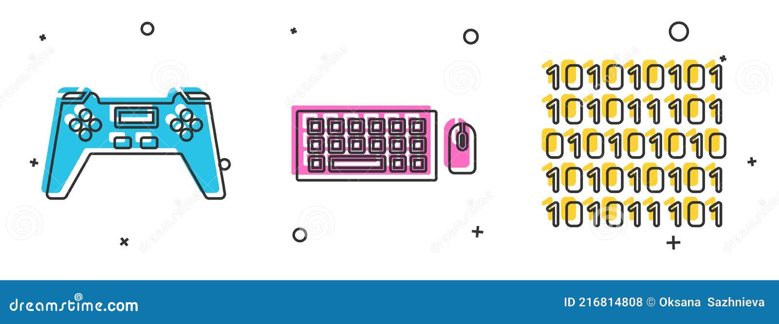 Set Gamepad, Keyboard and Mouse and Binary Code Icon. Vector Stock ...
