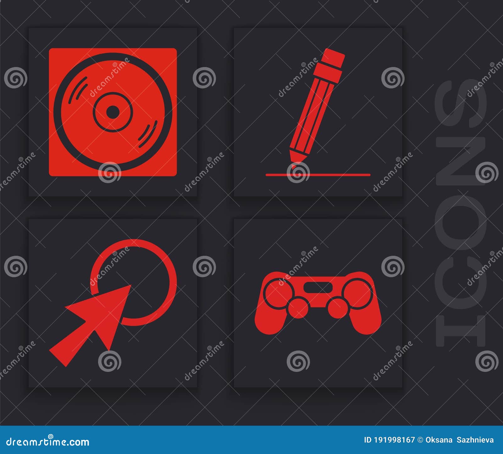Set Gamepad, Vinyl Disk, Pencil with Eraser and Arrow Cursor Icon ...
