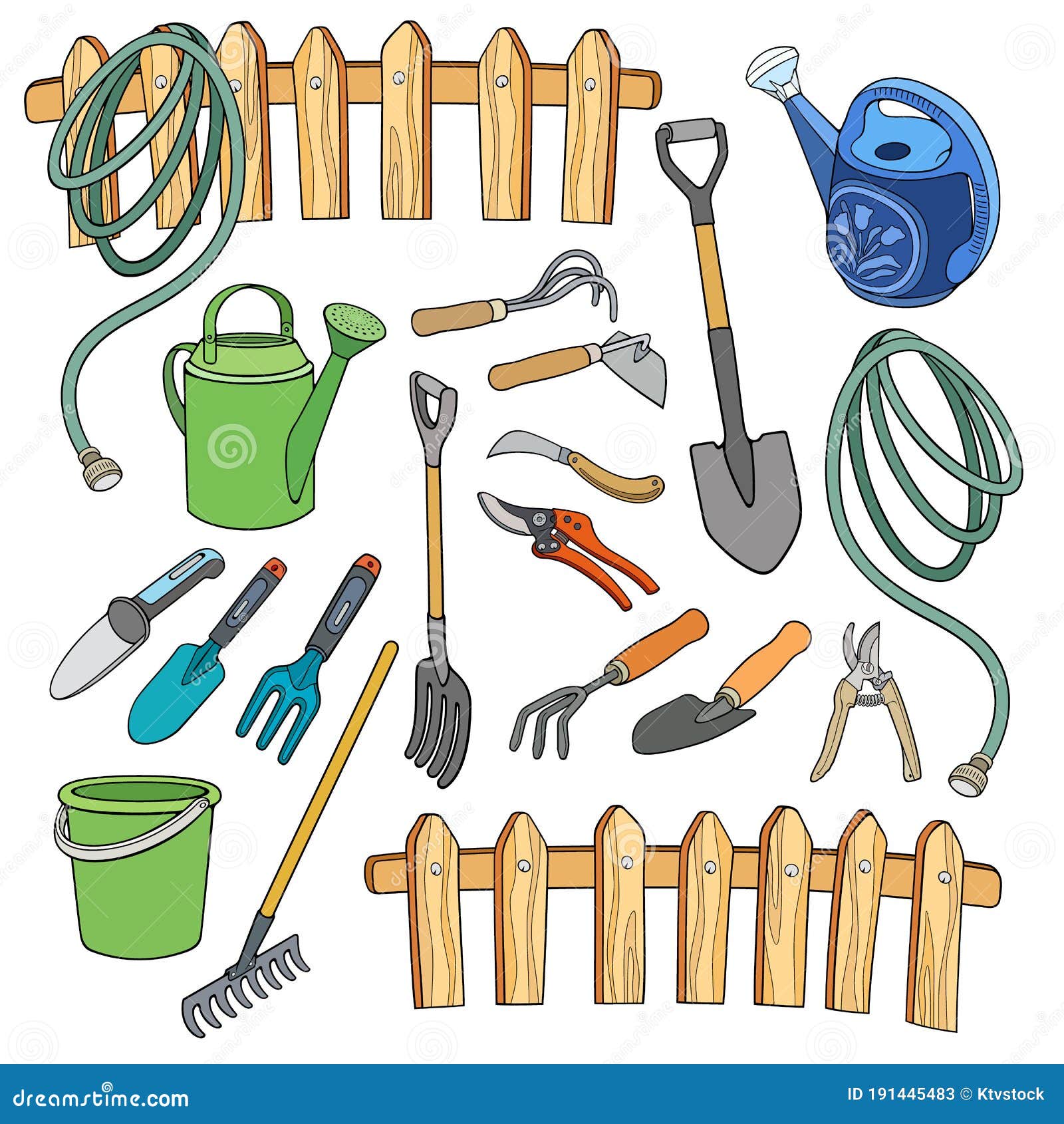 Set of Garden Cartoon Hand Drawn Elements Stock Vector - Illustration ...