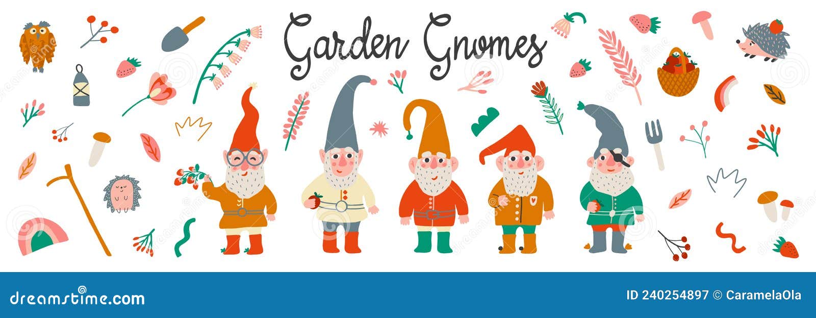 Set Of Garden Gnomes Or Dwarfs With Spring Elements Lettering Garden