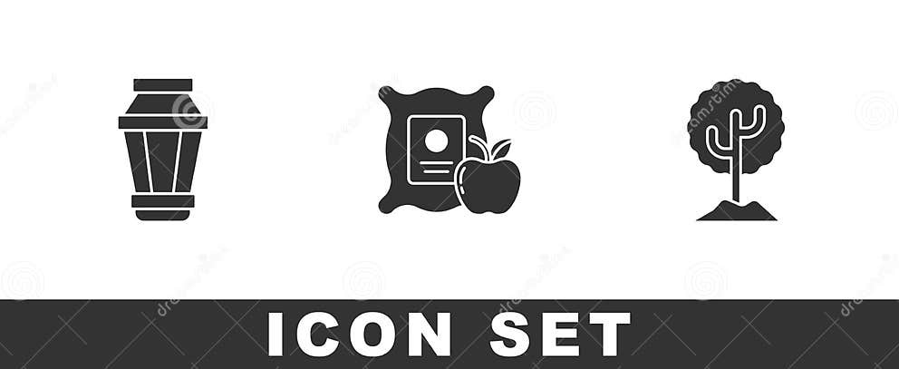 Set Garden Light Lamp, Apple in the Sack and Tree Icon. Vector Stock ...
