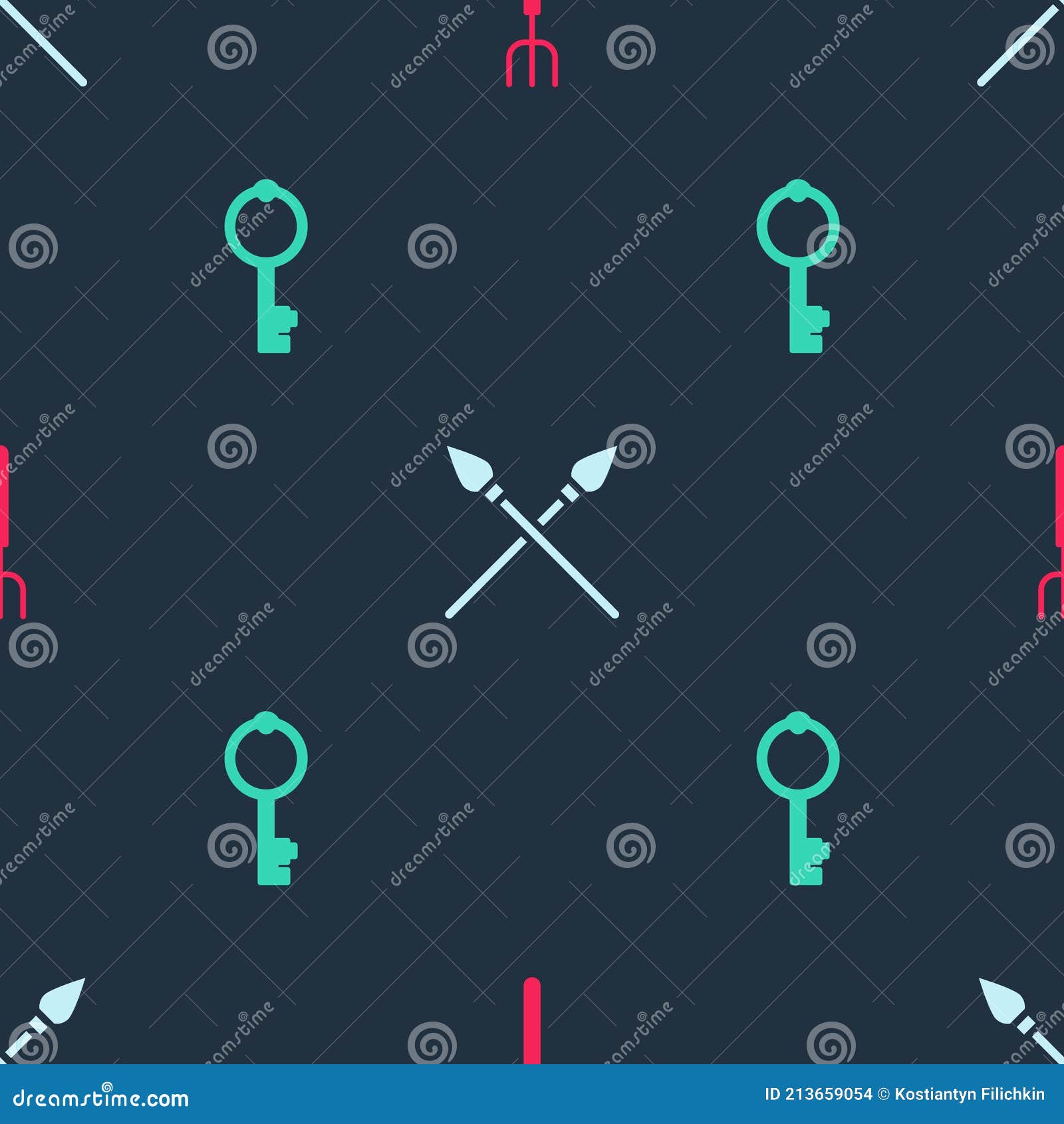 Set Garden Pitchfork, Crossed Medieval Spears and Old Key on Seamless ...