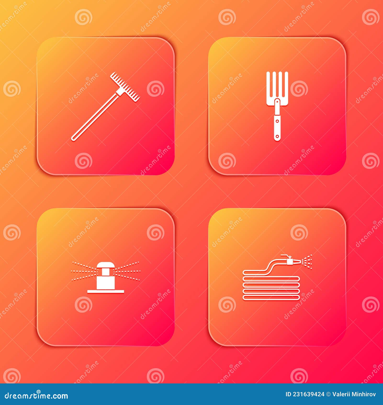 Set Garden Rake, Fork, Automatic Irrigation Sprinklers and Hose Fire ...