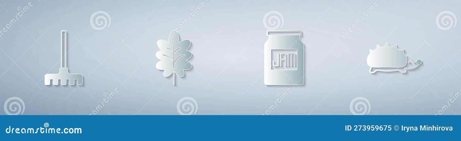 Set Garden Rake, Leaf, Jam Jar and Hedgehog. Paper Art Style. Vector ...