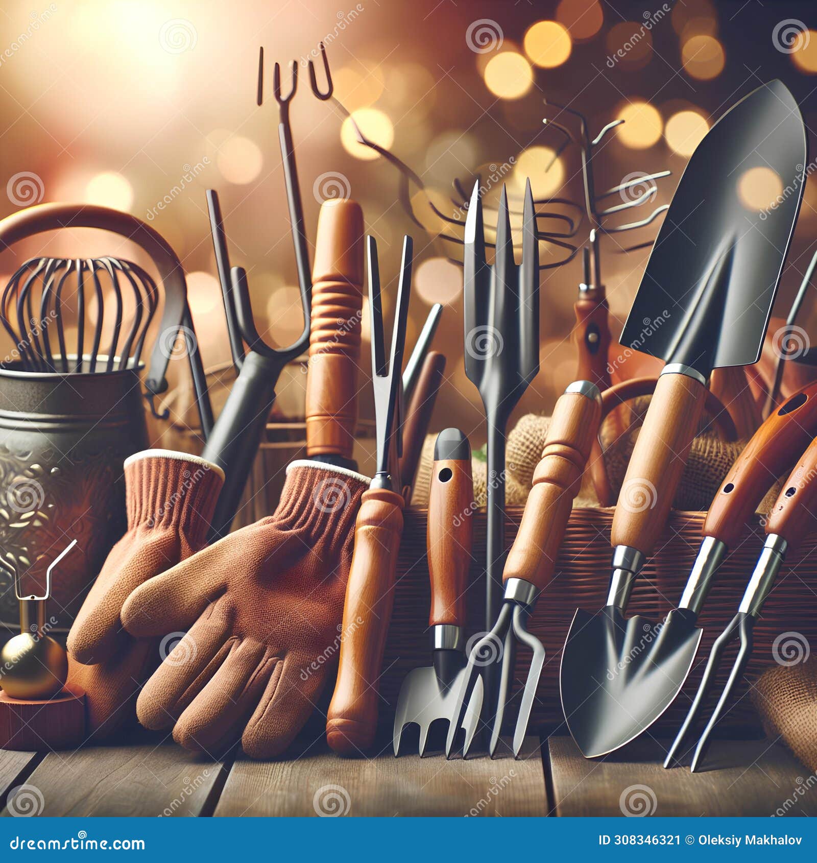 Set of Garden Tools on Blurred Nature Background Stock Illustration ...