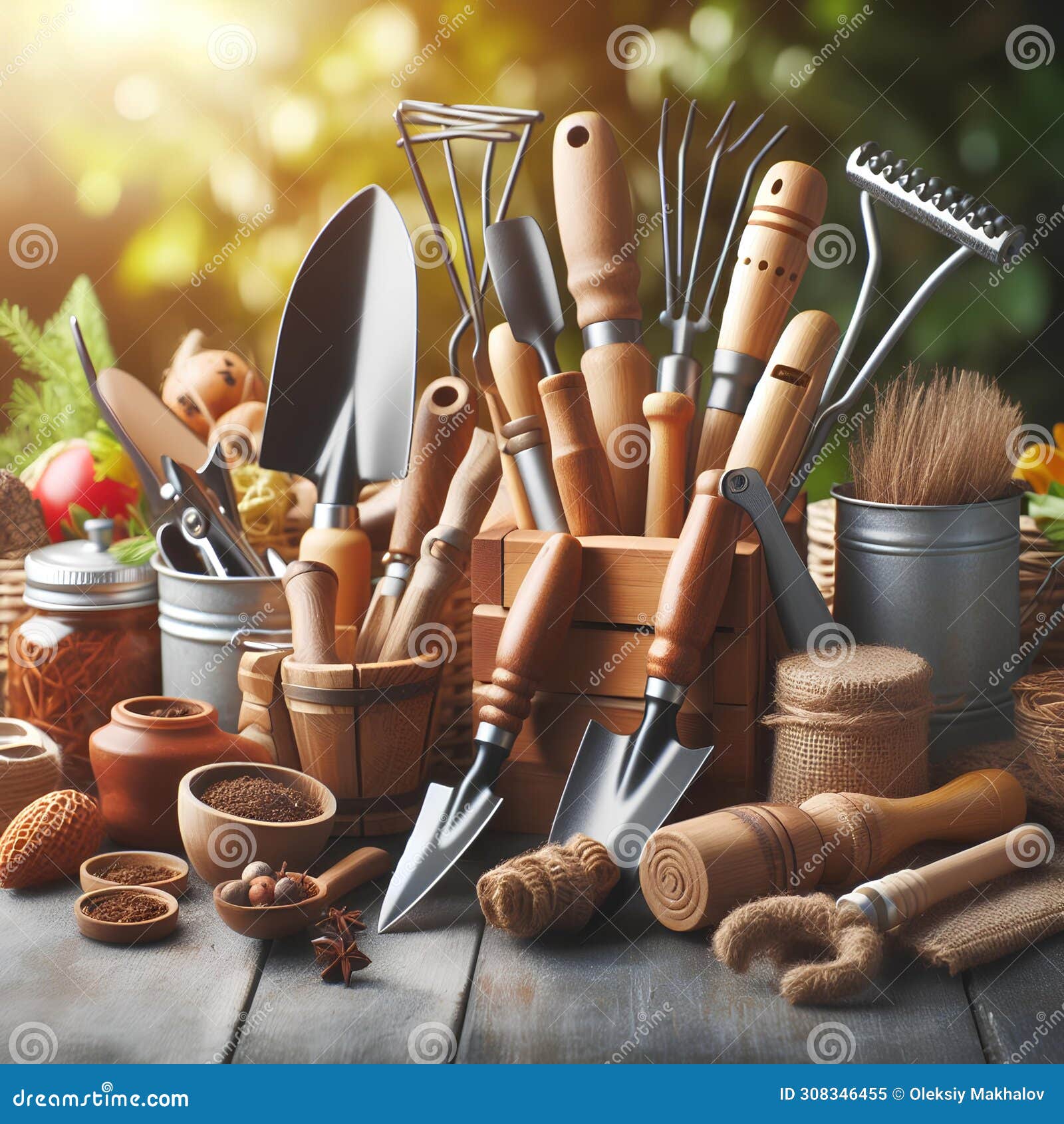 Set of Garden Tools on Blurred Nature Background Stock Illustration ...