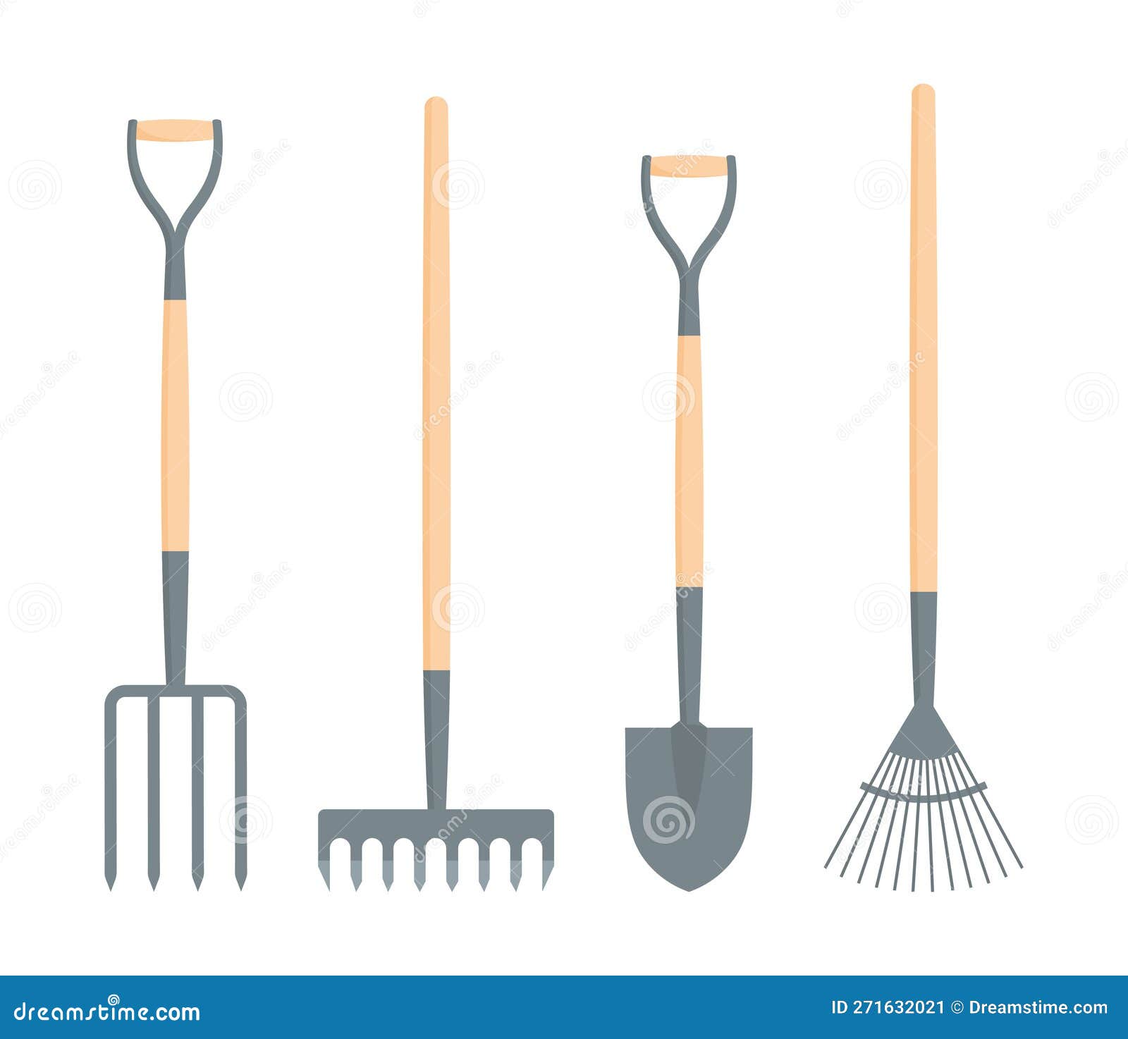 A Set of Garden Tools. Digging Spade, Digging Fork, Leaf Rake and Soil ...