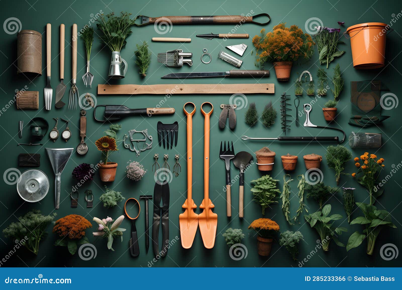 Set of Gardening Tools and Flowerpots Collage Stock Photo - Image of ...