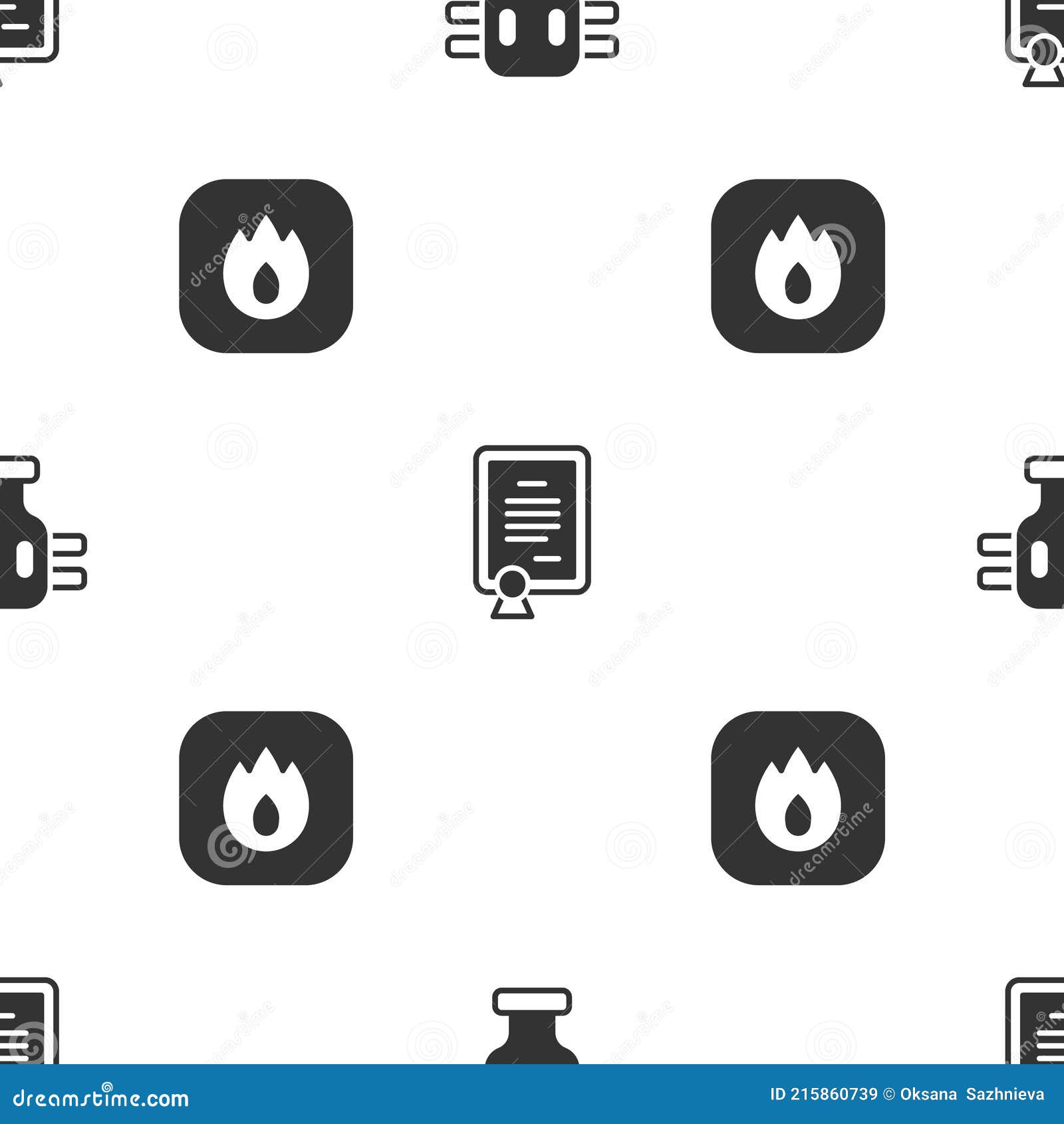 Set Gas Mask, Certificate Template and Fire Flame on Seamless Pattern ...