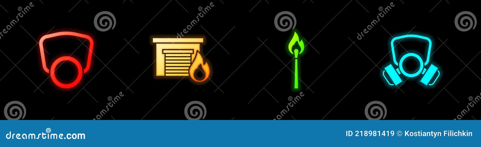 Set Gas Mask, Fire in Burning Garage, Burning Match with Fire and Icon ...