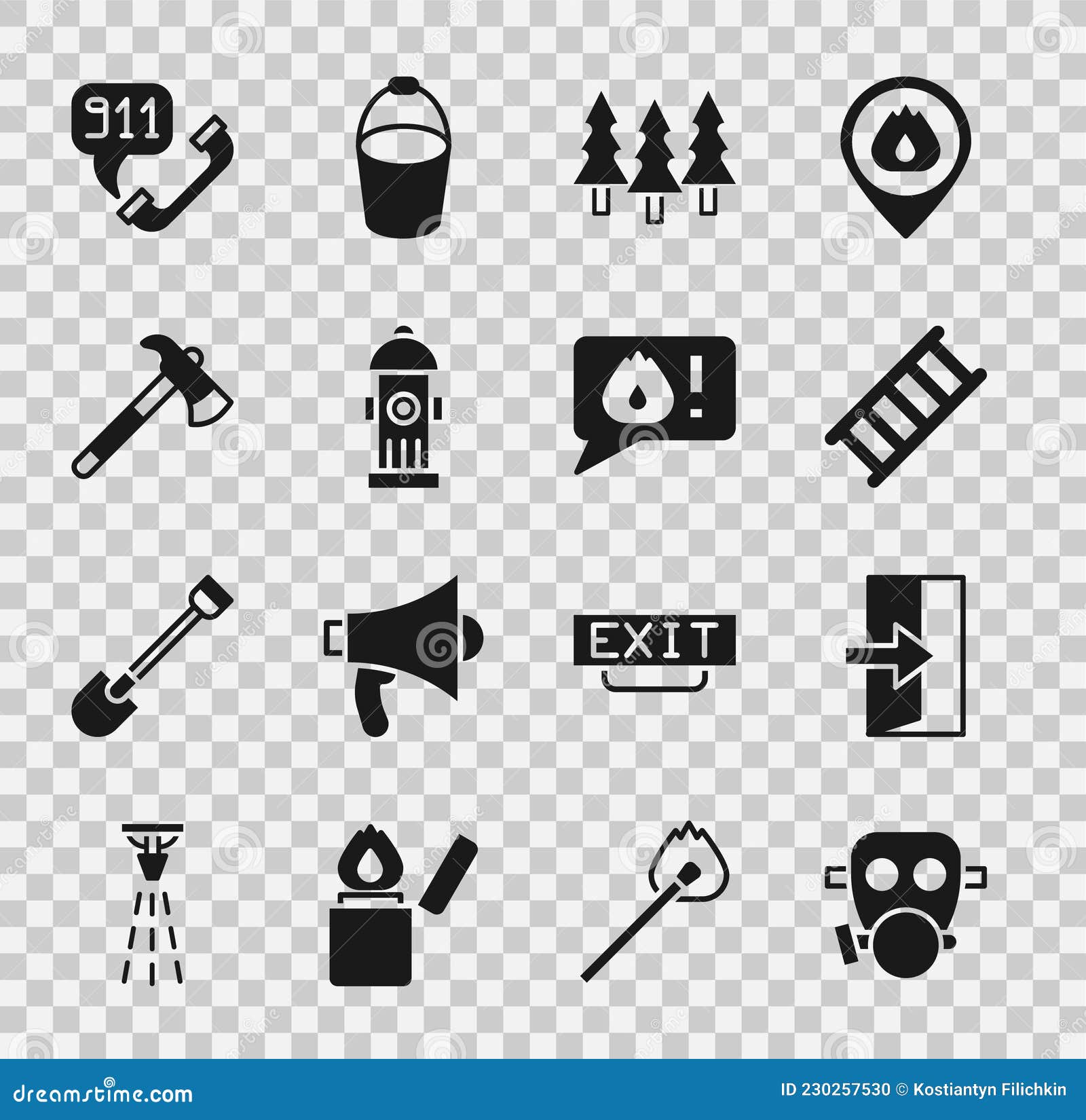 Set Gas Mask, Fire Exit, Escape, Forest, Hydrant, Firefighter Axe ...