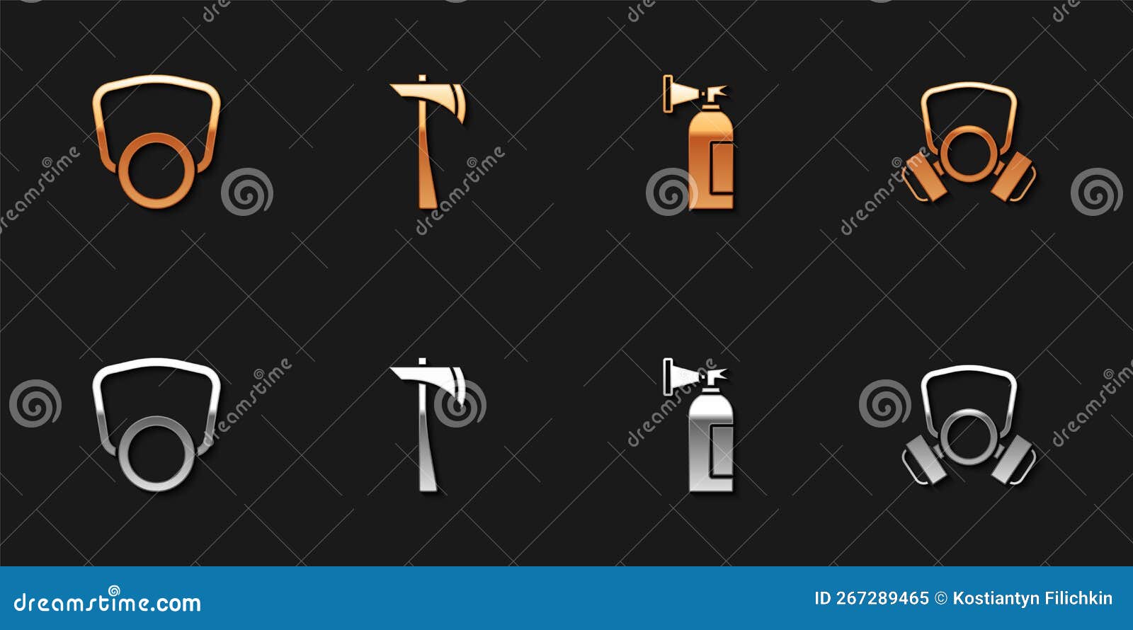 Set Gas Mask, Firefighter Axe, Extinguisher and Icon. Vector Stock ...