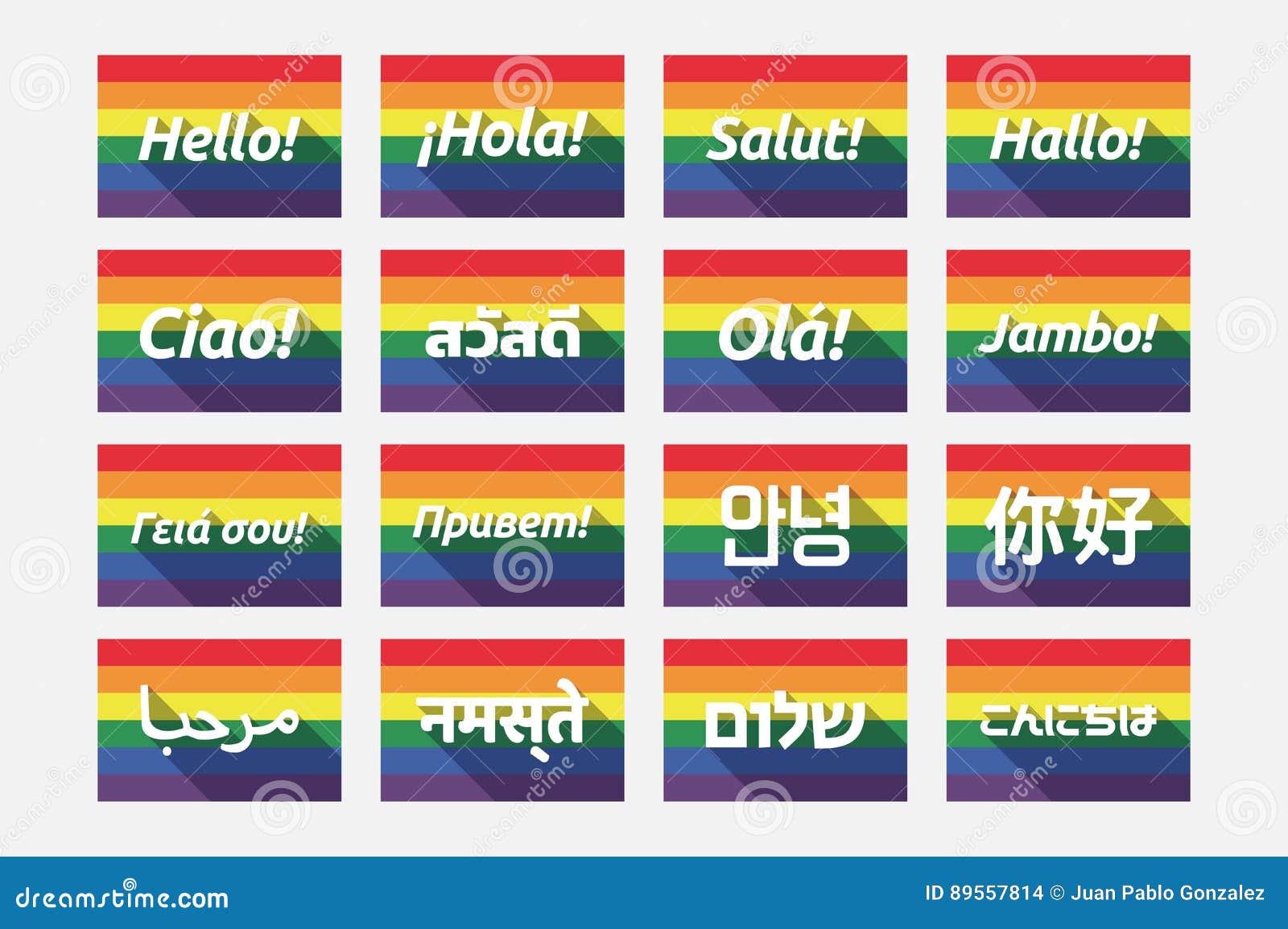 Set Of Gay Pride Flags With The Word Hello In Different Languag Stock ...