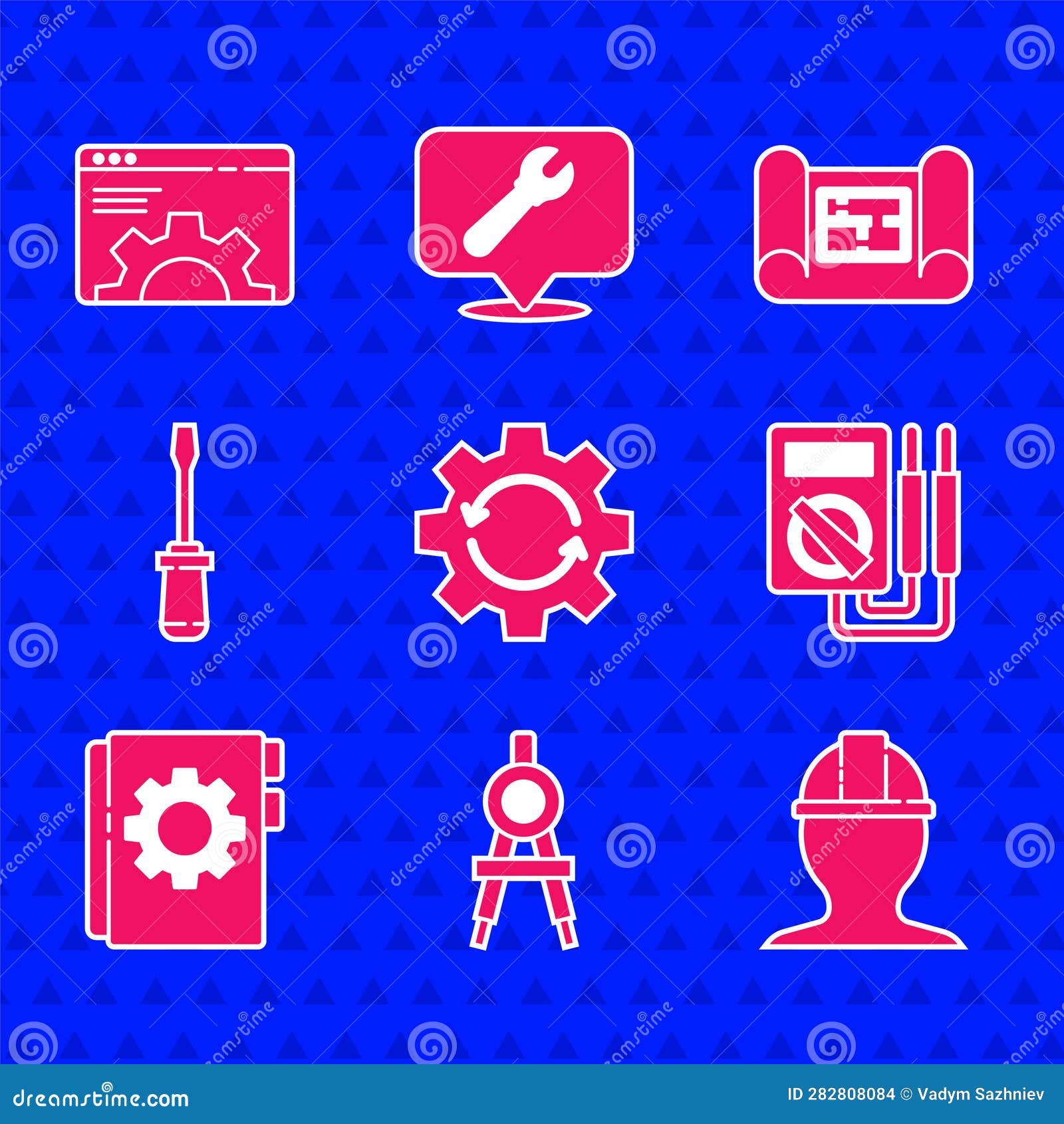 Set Gear and Arrows As Workflow, Drawing Compass, Worker Safety Helmet ...