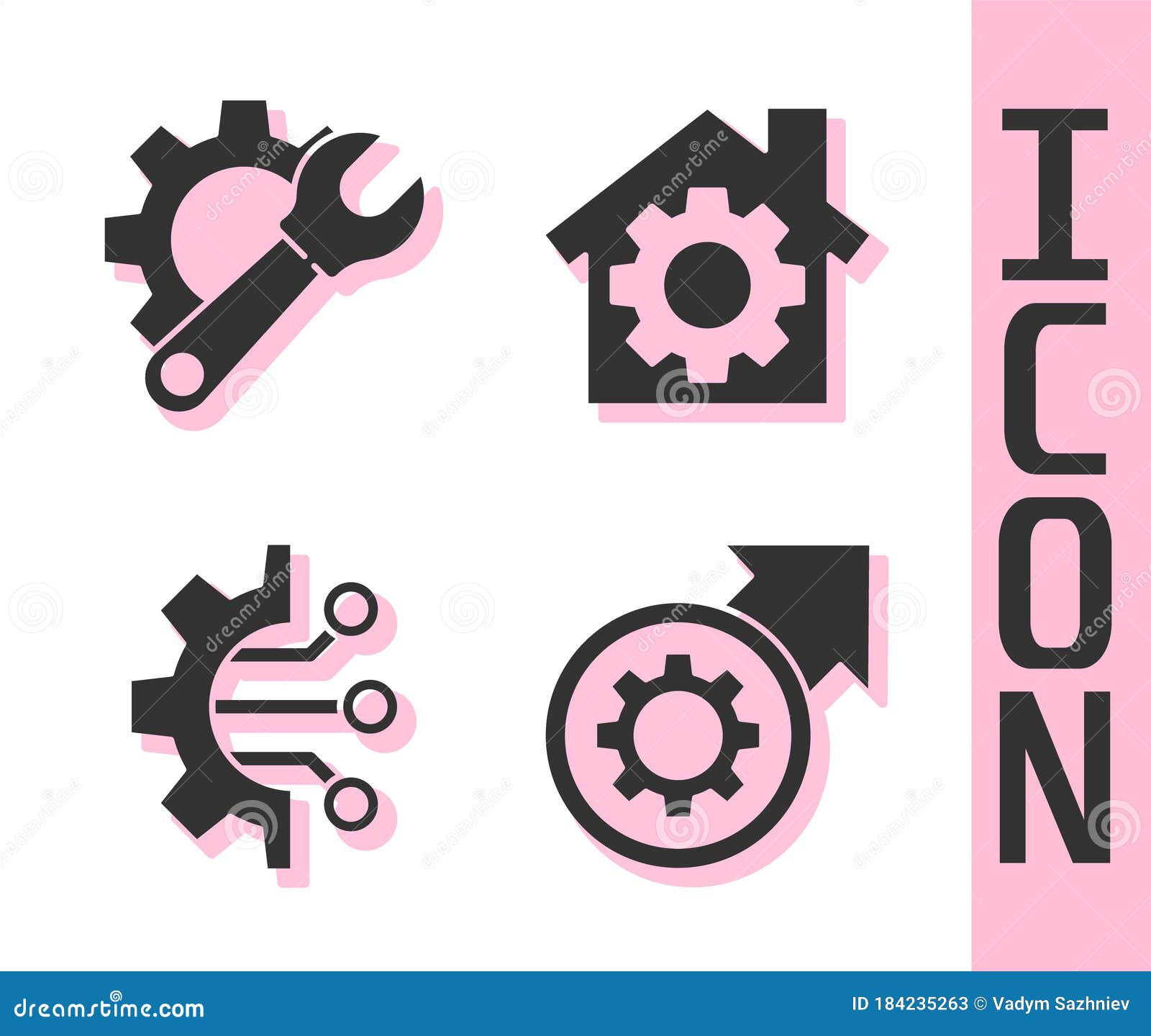 Set Gear and Arrows As Workflow Process, Wrench Spanner and Gear, Algorithm and House with Gear ...
