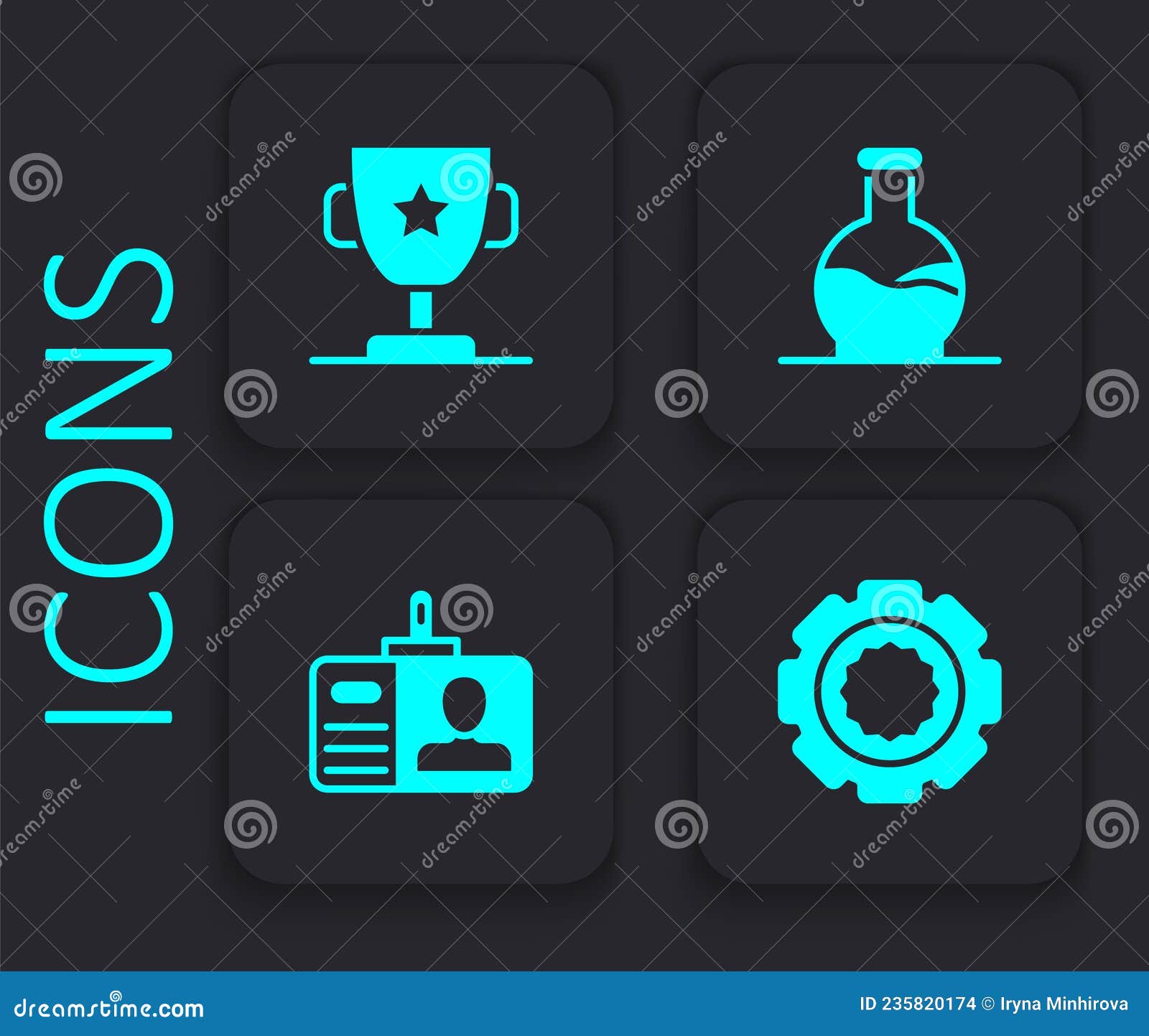Set Gear, Award Cup, Test Tube and Identification Badge Icon. Black ...