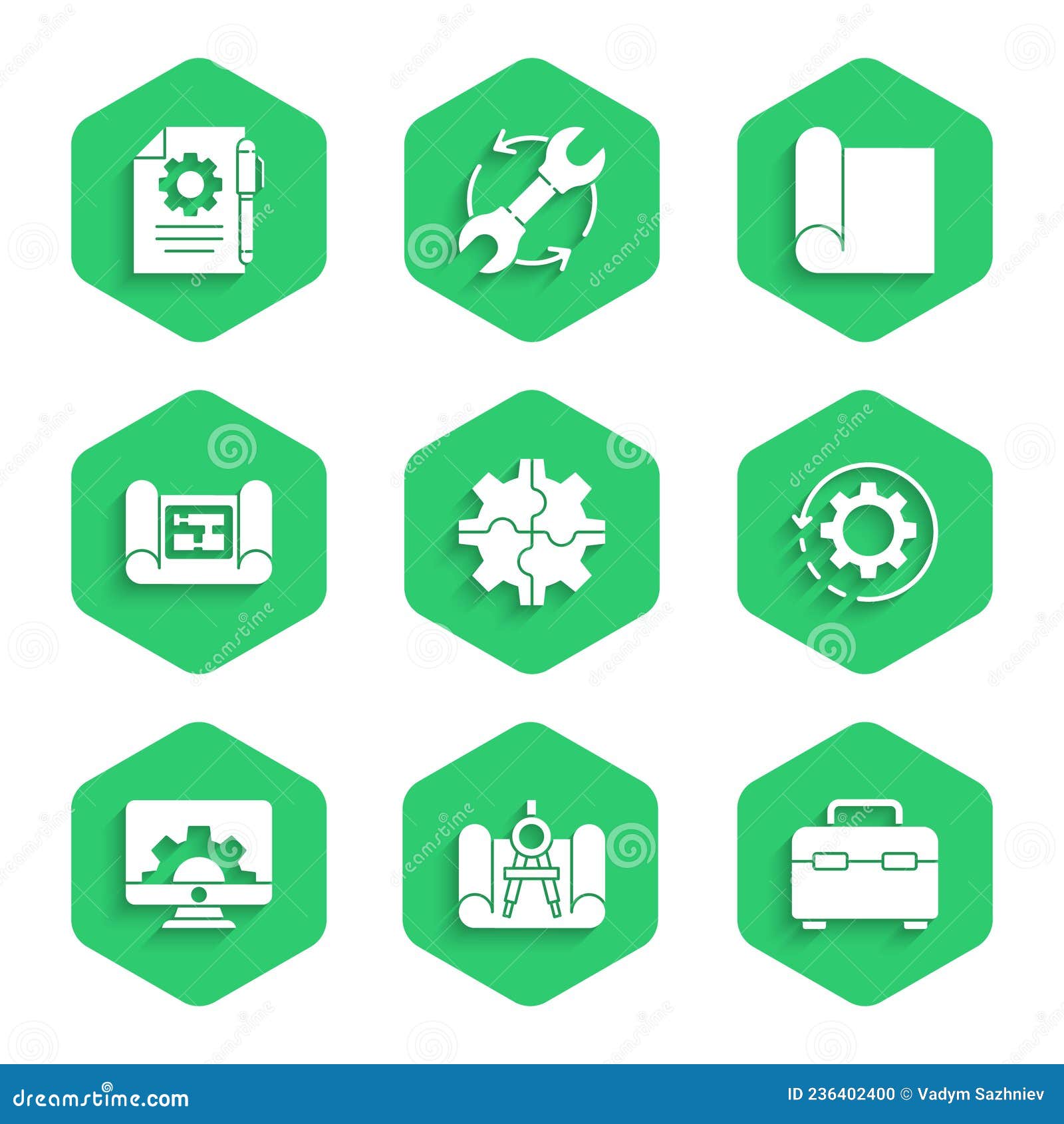 Set Gear, Graphing Paper and Compass, Toolbox, Arrows Workflow ...