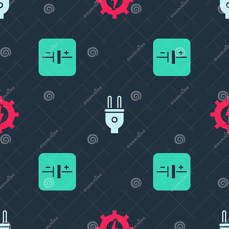 Set Gear and Lightning, Electric Plug and DC Voltage Source on Seamless ...