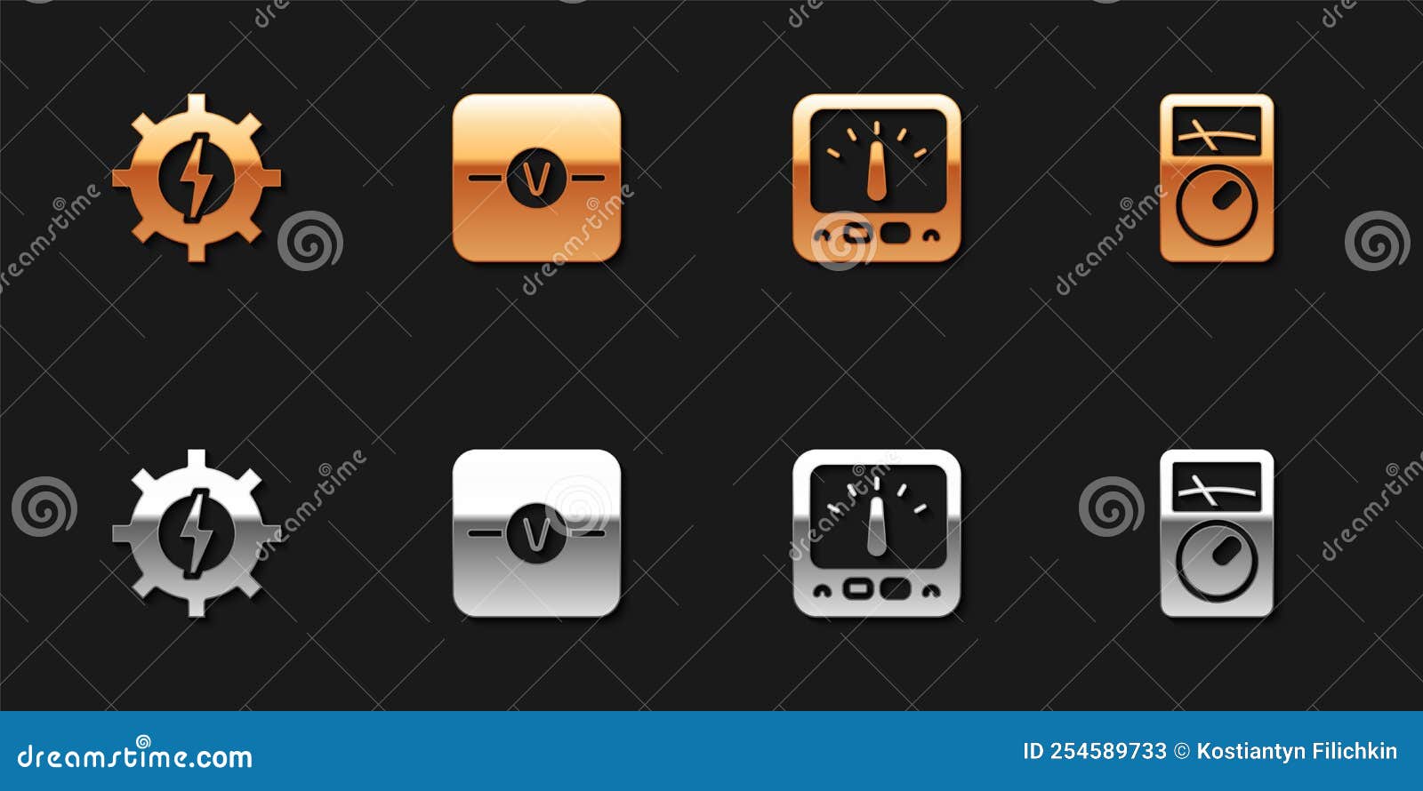 Set Gear and Lightning, Voltmeter, Ampere Meter, Multimeter and Icon ...