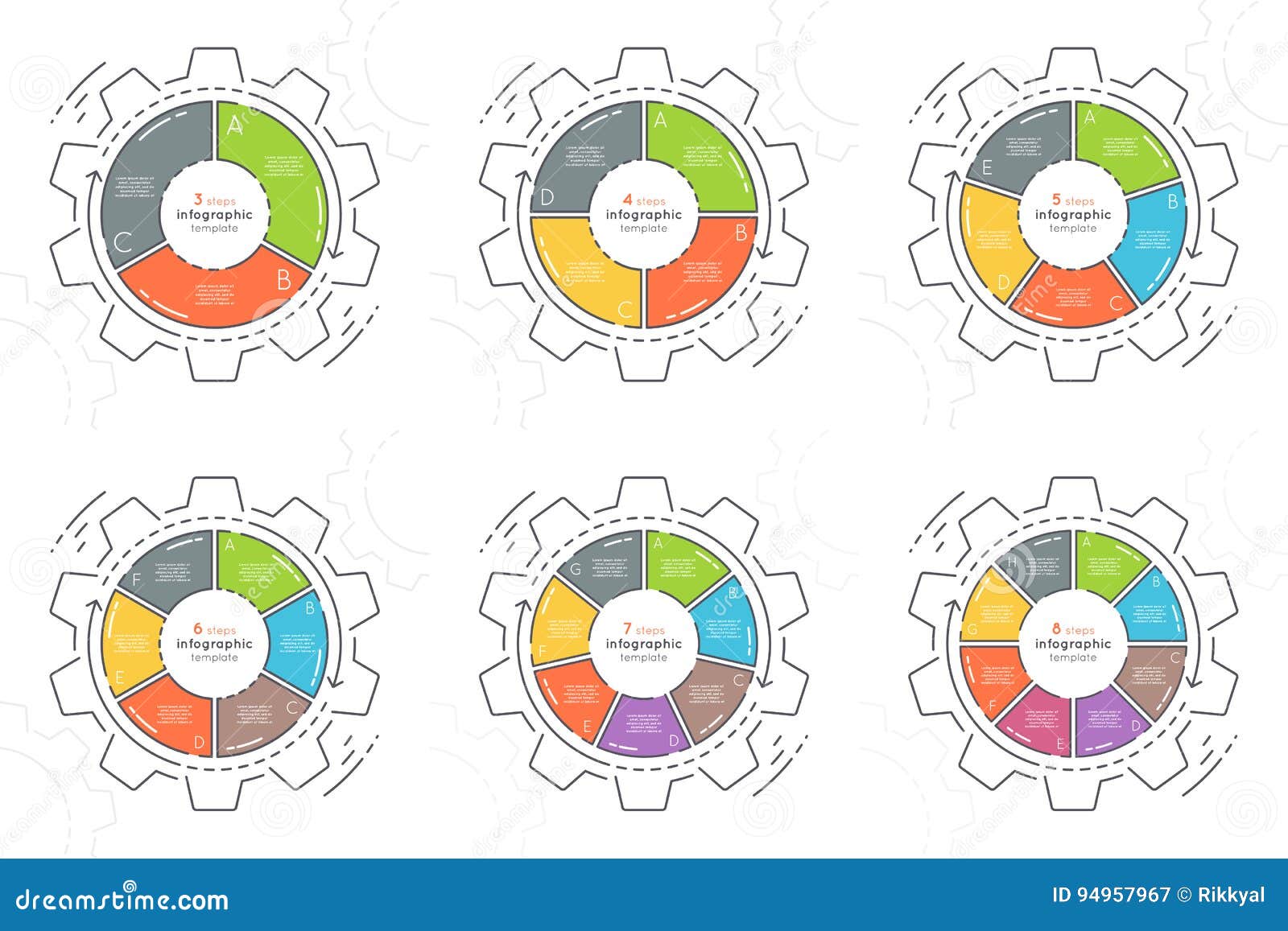 Set of Gear Shaped Flat Style Infographic Templates 3-8 Steps. Stock ...