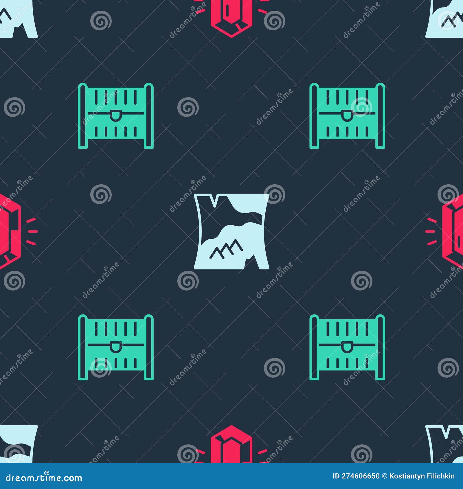 Set Gem Stone, Folded Map and Antique Treasure Chest on Seamless ...