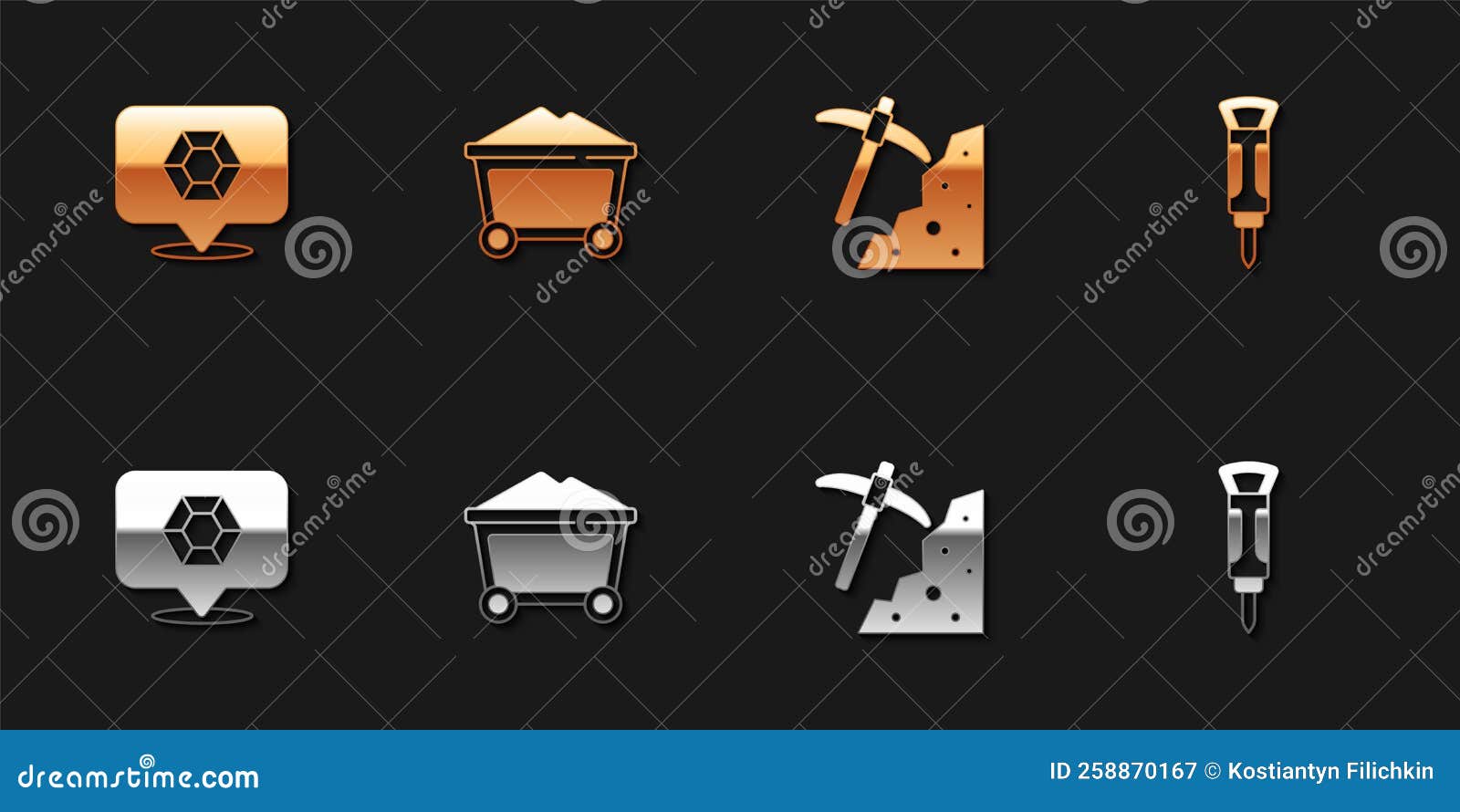 Set Gem Stone, Mine Coal Trolley, Pickaxe and Construction Jackhammer ...