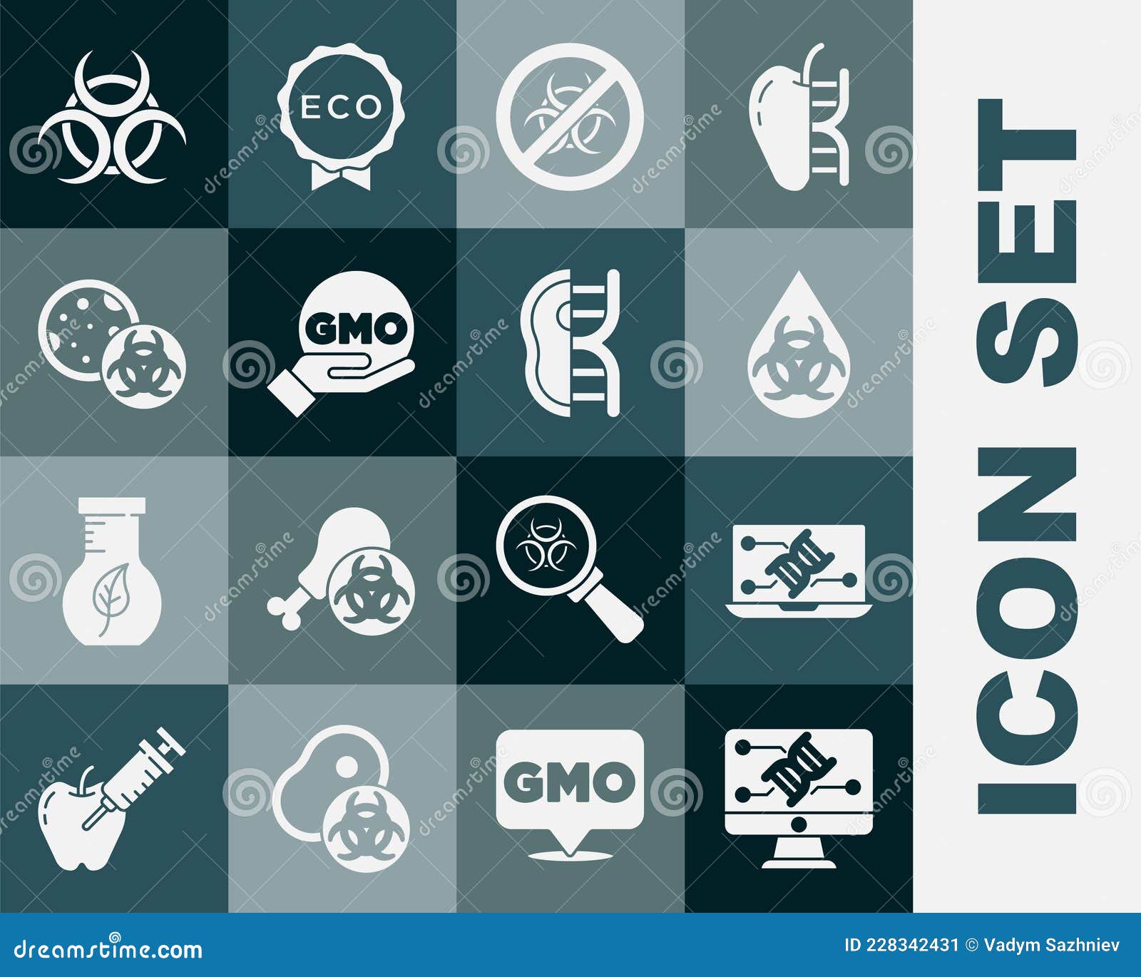 Set Genetic Engineering Modification, GMO, Stop, Biohazard Symbol and ...