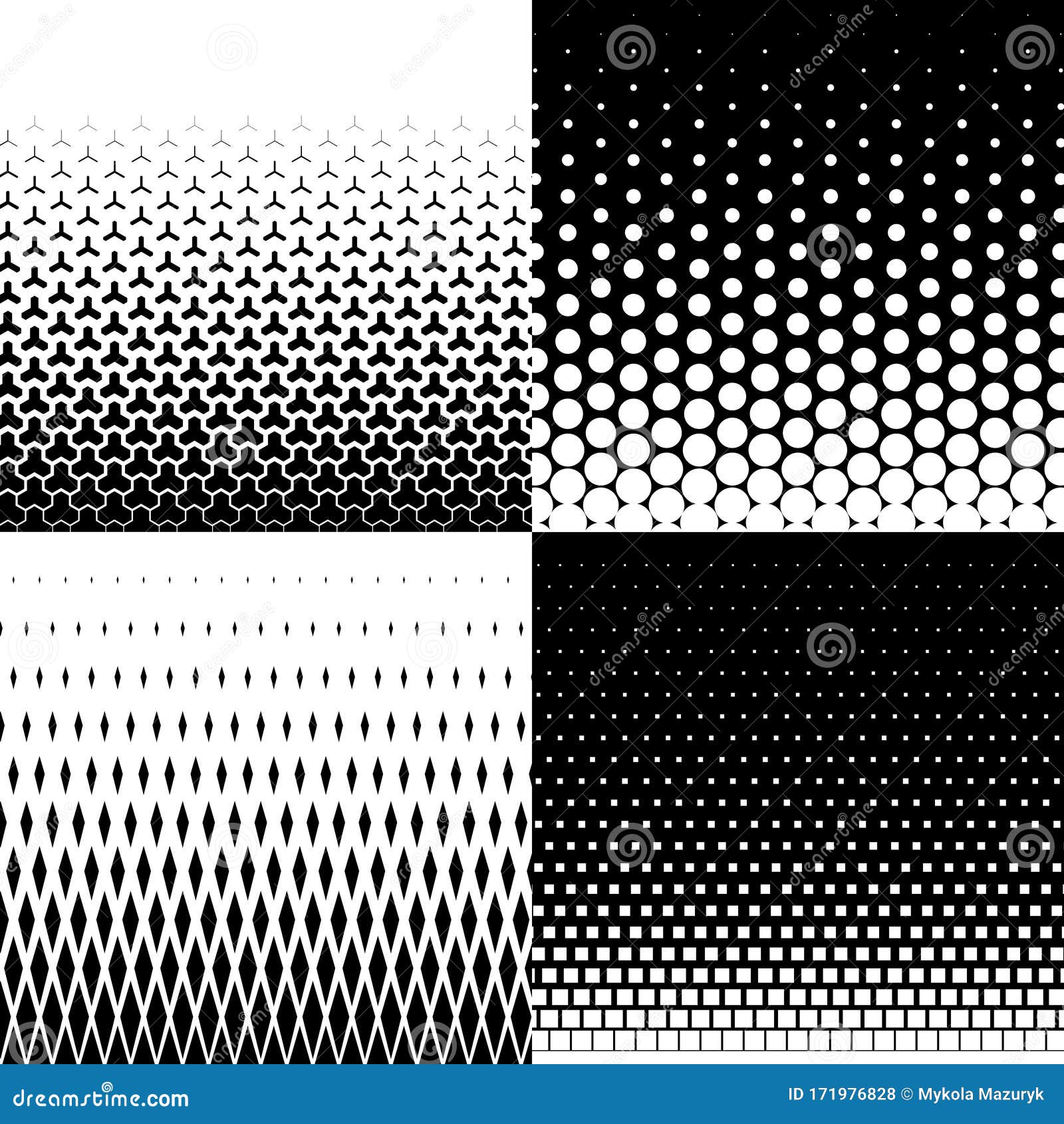 Set of Geometric Black and White Halftone Patterns. Circles, Squares ...