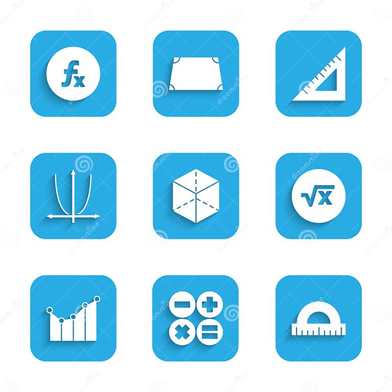 Set Geometric Figure Cube, Calculator, Protractor, Square Root of X Glyph, Graph, Schedule ...