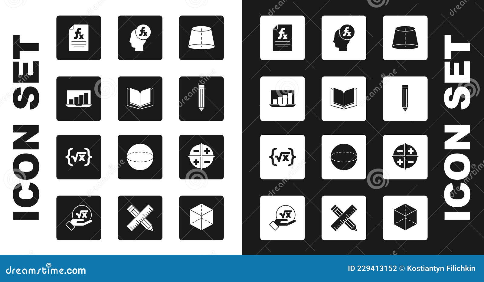 Set Geometric Figure, Open Book, Laptop With Graph Chart, Function ... Set Geometric Figure, Open Book, Laptop With Graph Chart, Function ...