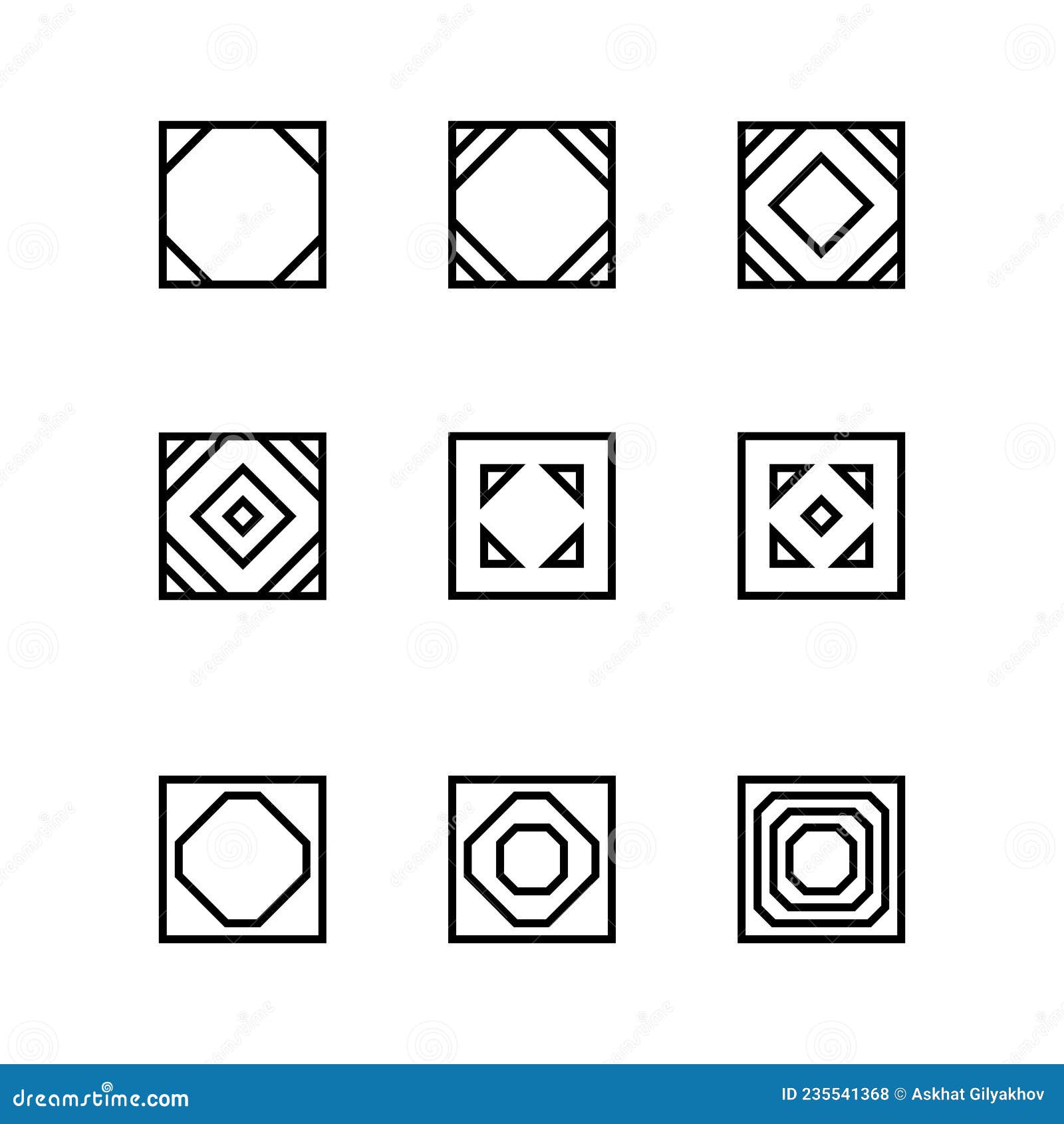Set of Geometric Linear Shapes. Square Figures with Different Patterns ...