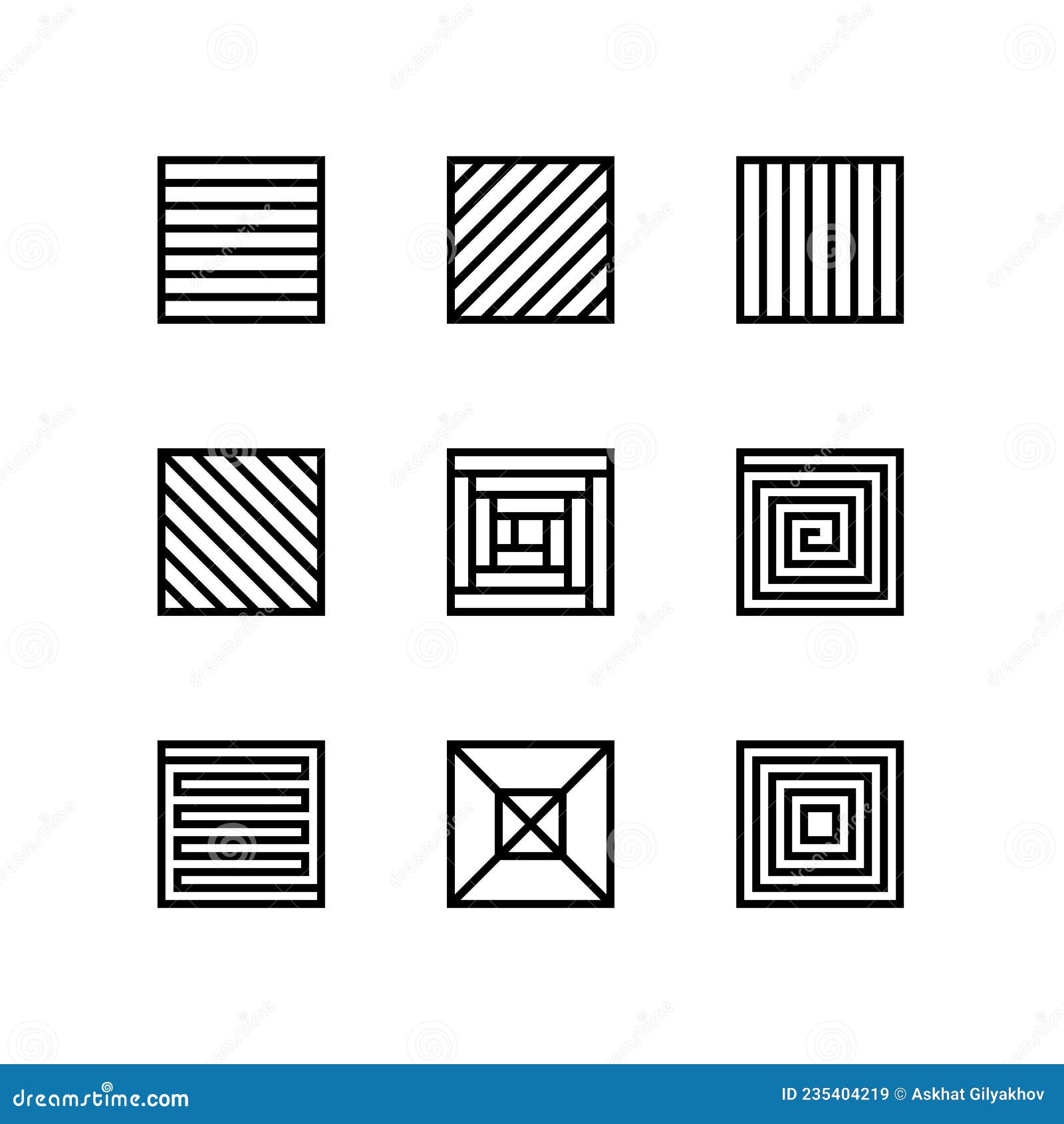 Set of Geometric Linear Shapes. Square Figures with Various Patterns ...