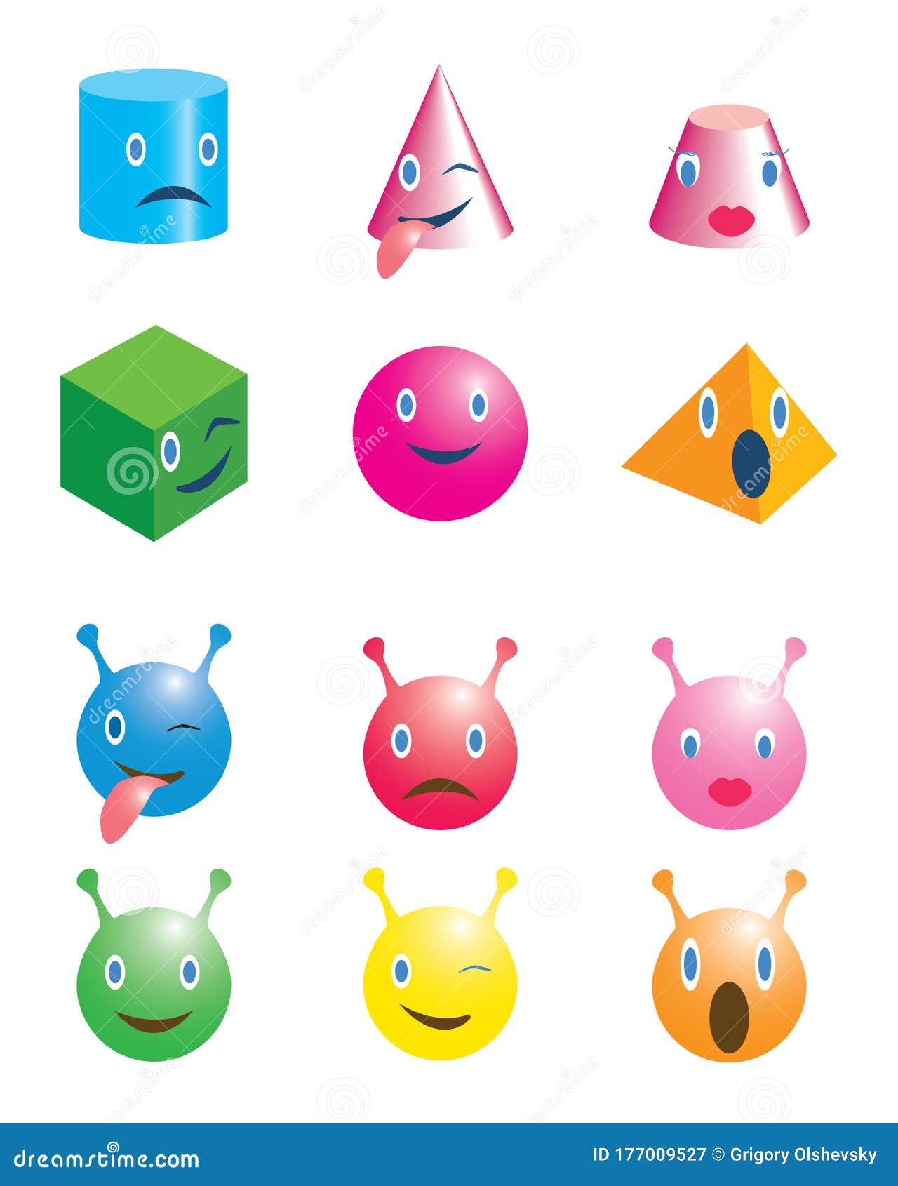 Set of Geometric Shapes and Demons with Emoticons Stock Vector ...