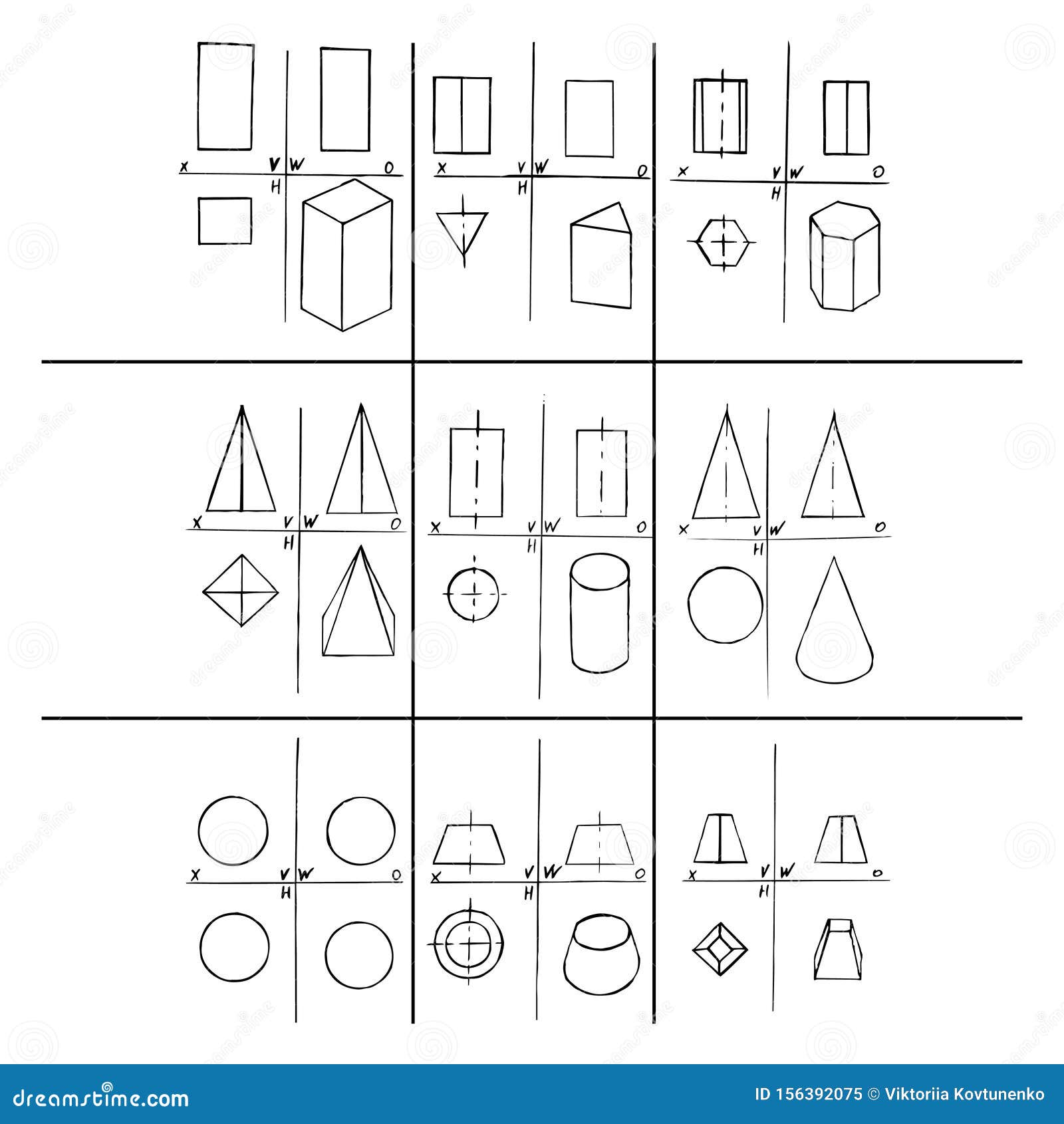 Set of 9 Geometrical Projections. Hand Drawing. Black Outline on White ...