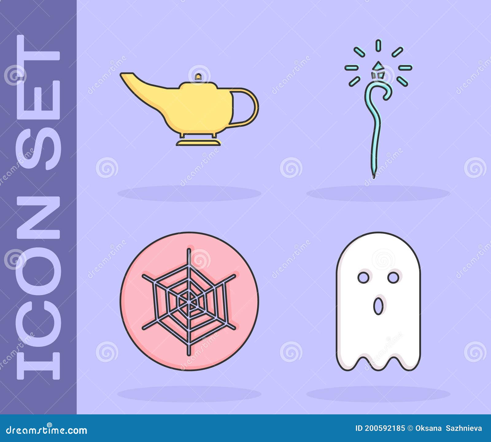 Set Ghost, Magic Lamp or Aladdin, Spider Web and Magic Staff Icon ...