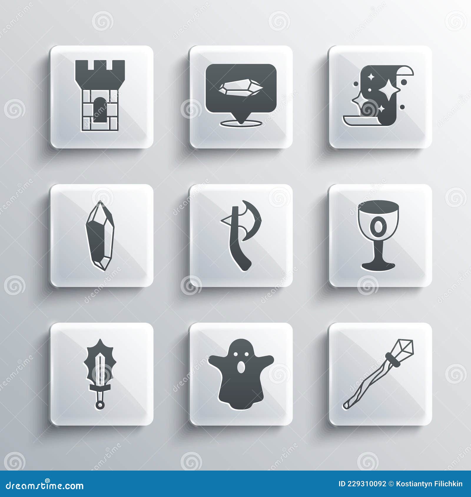 Set Ghost, Magic Staff, Medieval Goblet, Wooden Axe, Sword in Fire ...