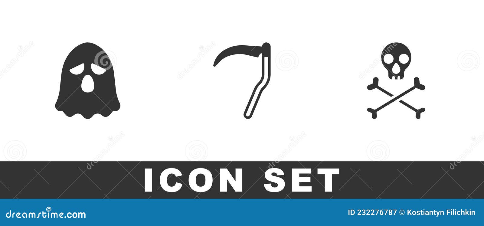 Set Ghost, Scythe and Skull on Crossbones Icon. Vector Stock Vector ...