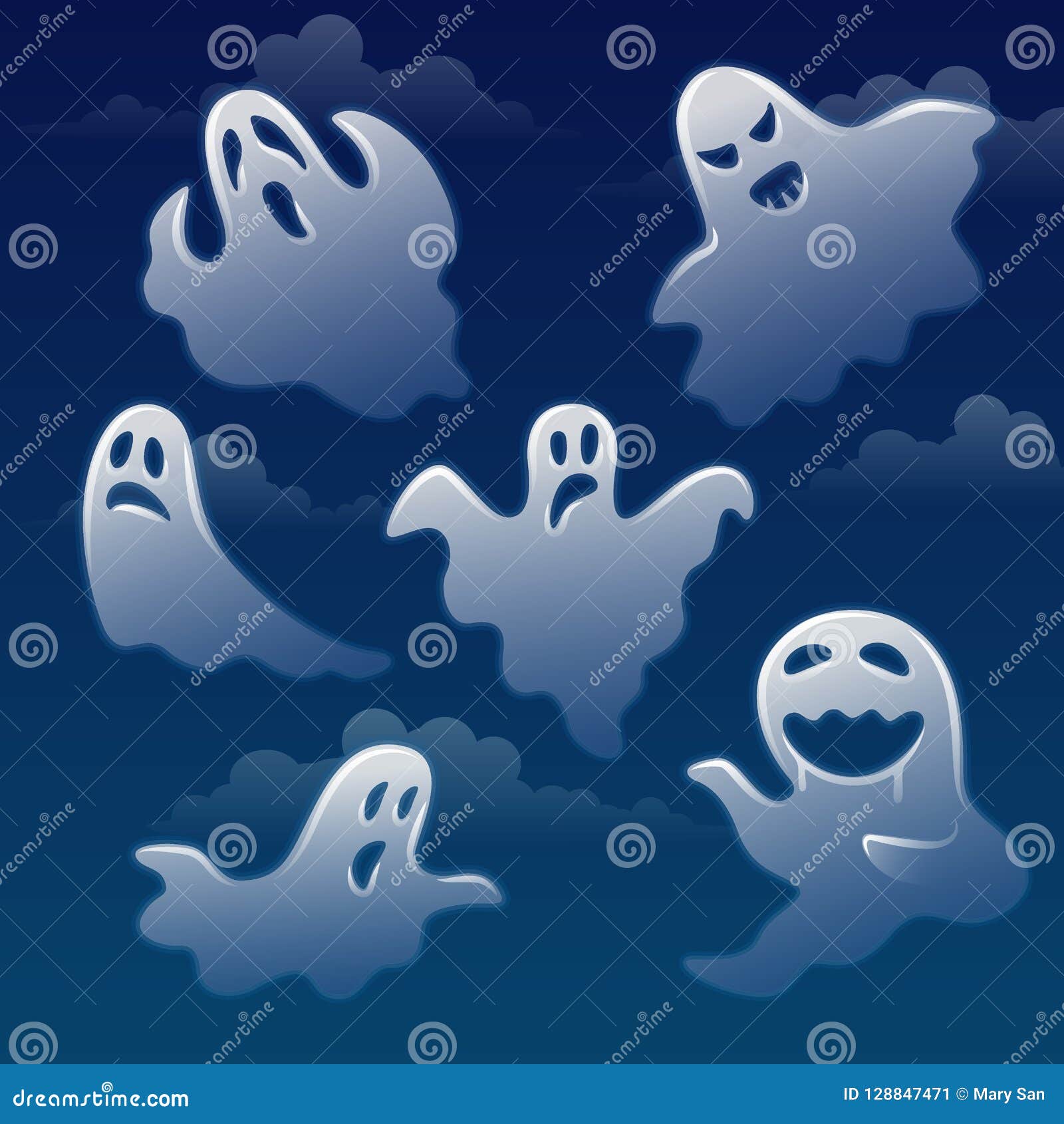 Set of Ghosts with Different Emotions on Sky with Clouds Stock Vector ...