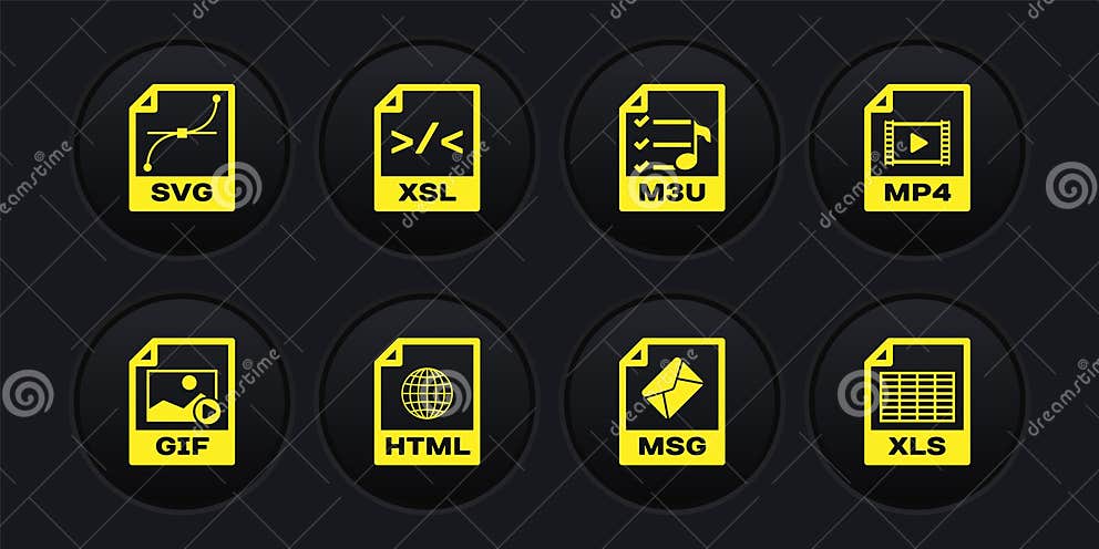 Set GIF File Document, MP4, HTML, MSG, M3U and XSL Icon. Vector Stock ... Set GIF File Document, MP4, HTML, MSG, M3U and XSL Icon. Vector Stock ...