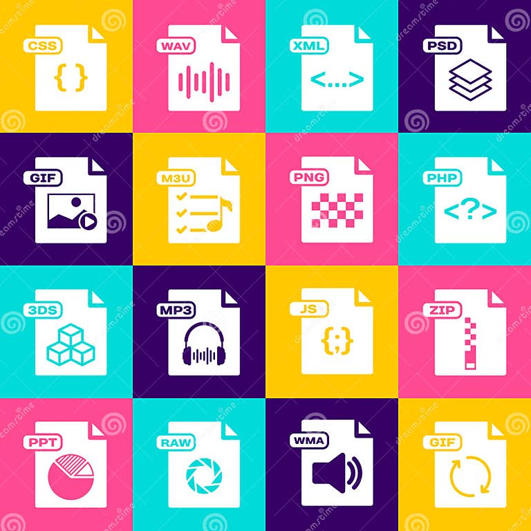 Set GIF File Document, ZIP, PHP, XML, M3U, CSS and PNG Icon. Vector Stock Vector - Illustration ...