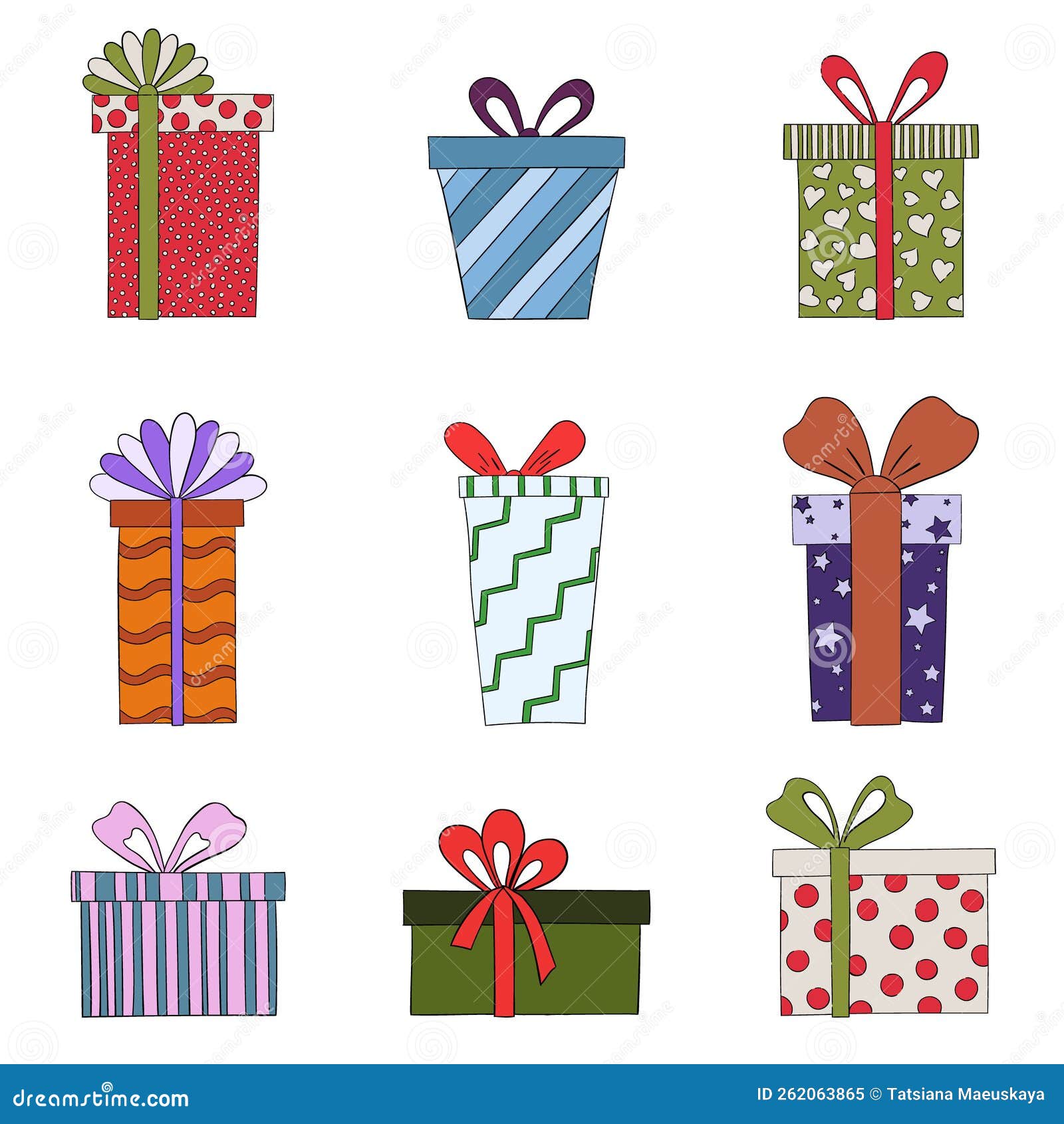 A Set of Gift Boxes with Bows of Different Shapes and Patterns. Vector ...