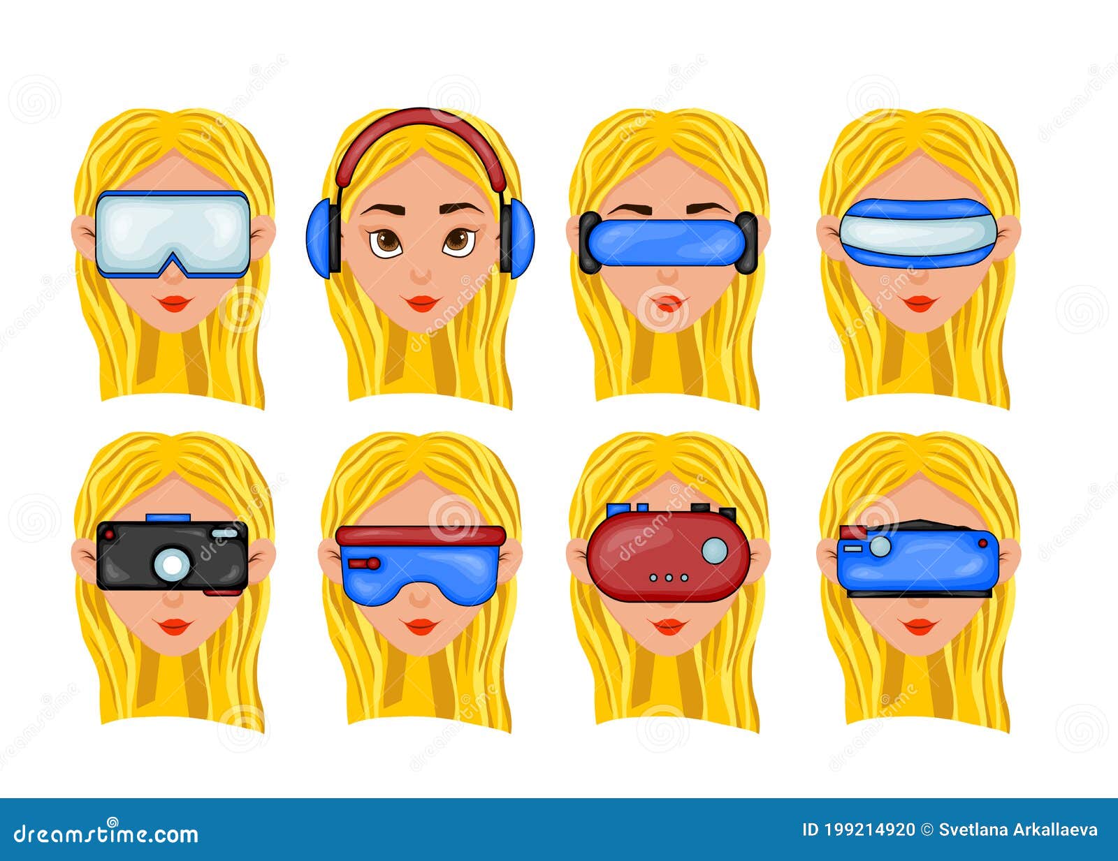 Set with a Girl in Different Glasses of Virtual Reality. Cartoon Style ...