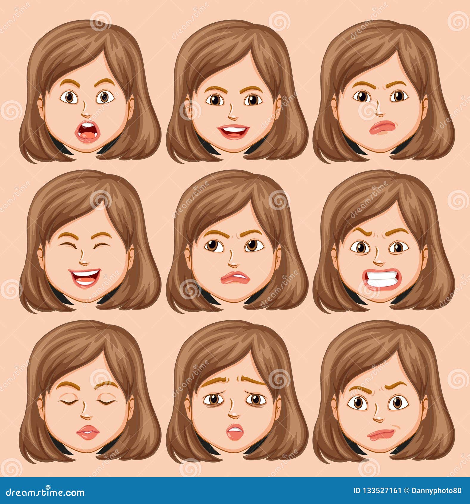 Set of Girl Head with Different Facial Expression Stock Vector ...