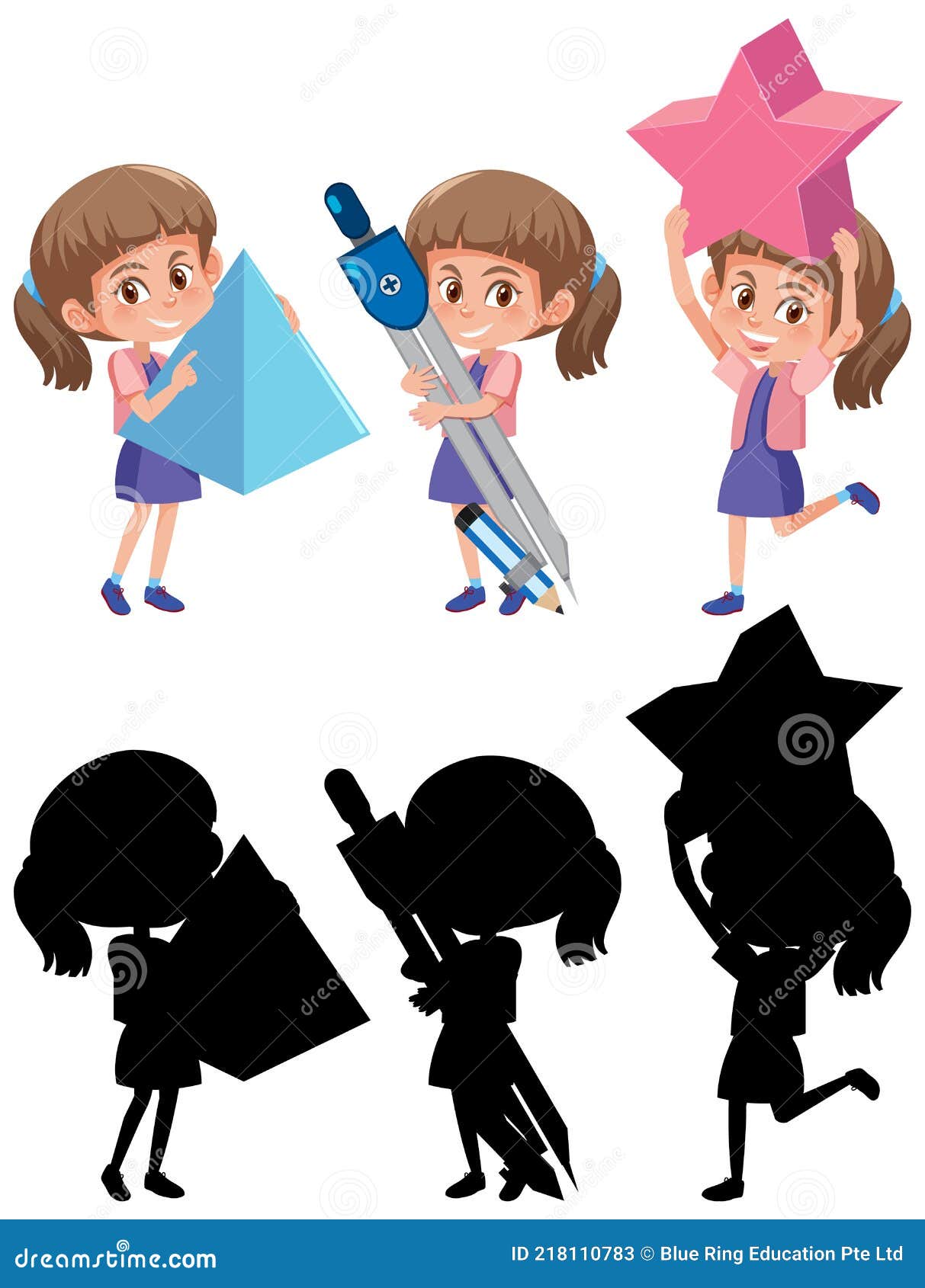 Set of a Girl Holding Different Math Tools with Silhouette Stock Vector ...