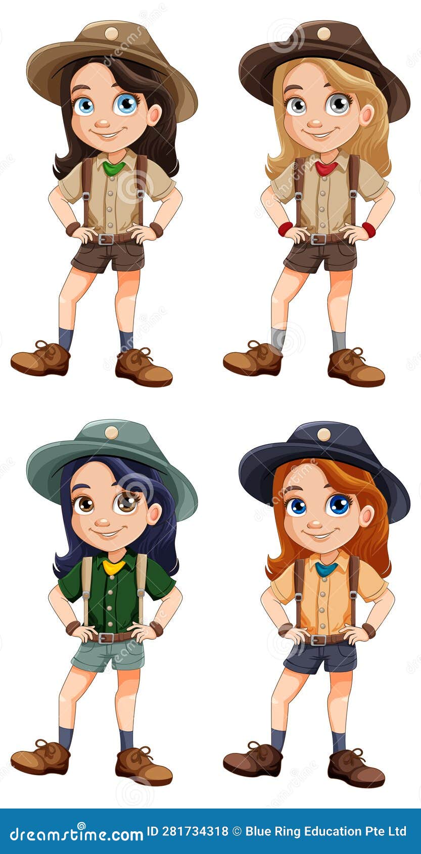 Set Of Girl In Scout Uniform Cartoon Character Stock Vector Illustration Of Diverse Uniform